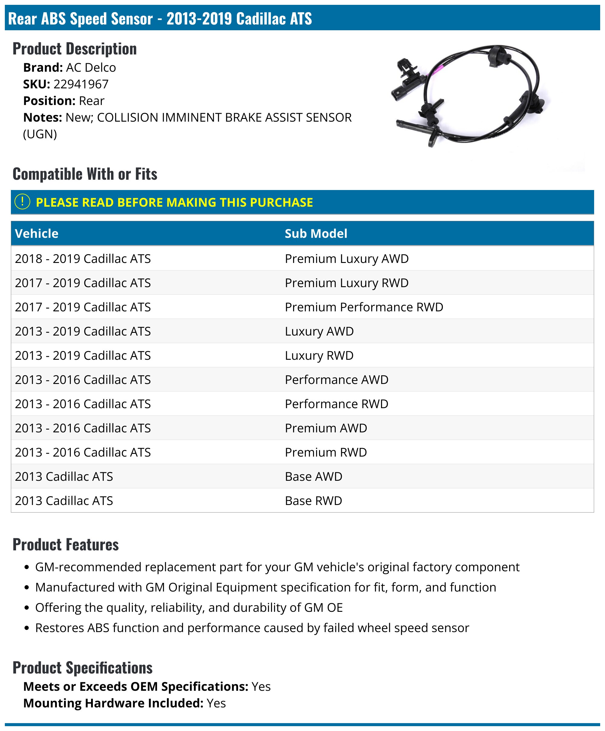 2013-2019 Cadillac ATS ABS Speed Sensor - AC Delco 22941967 - Rear ...