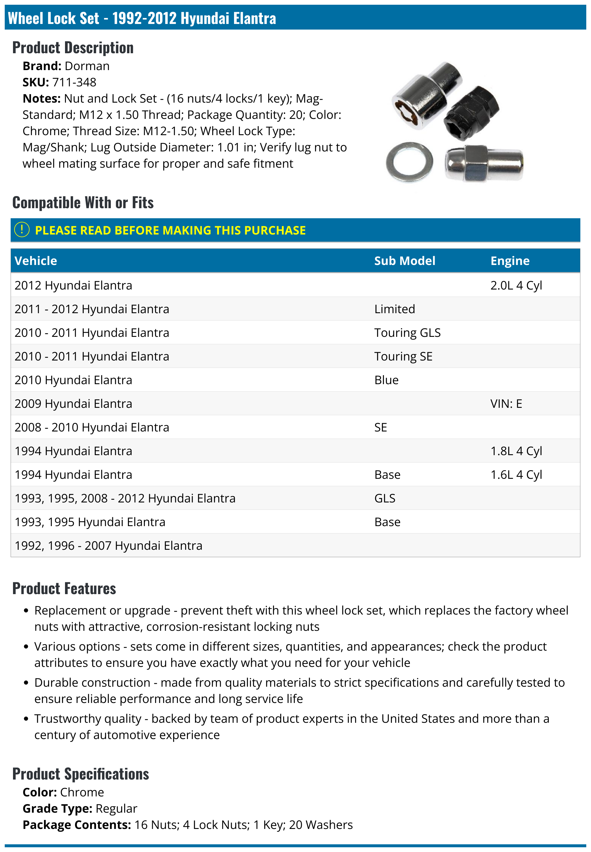 1992-2012 Hyundai Elantra Lug Bolt - Dorman 711-348 - PartsGeek.com