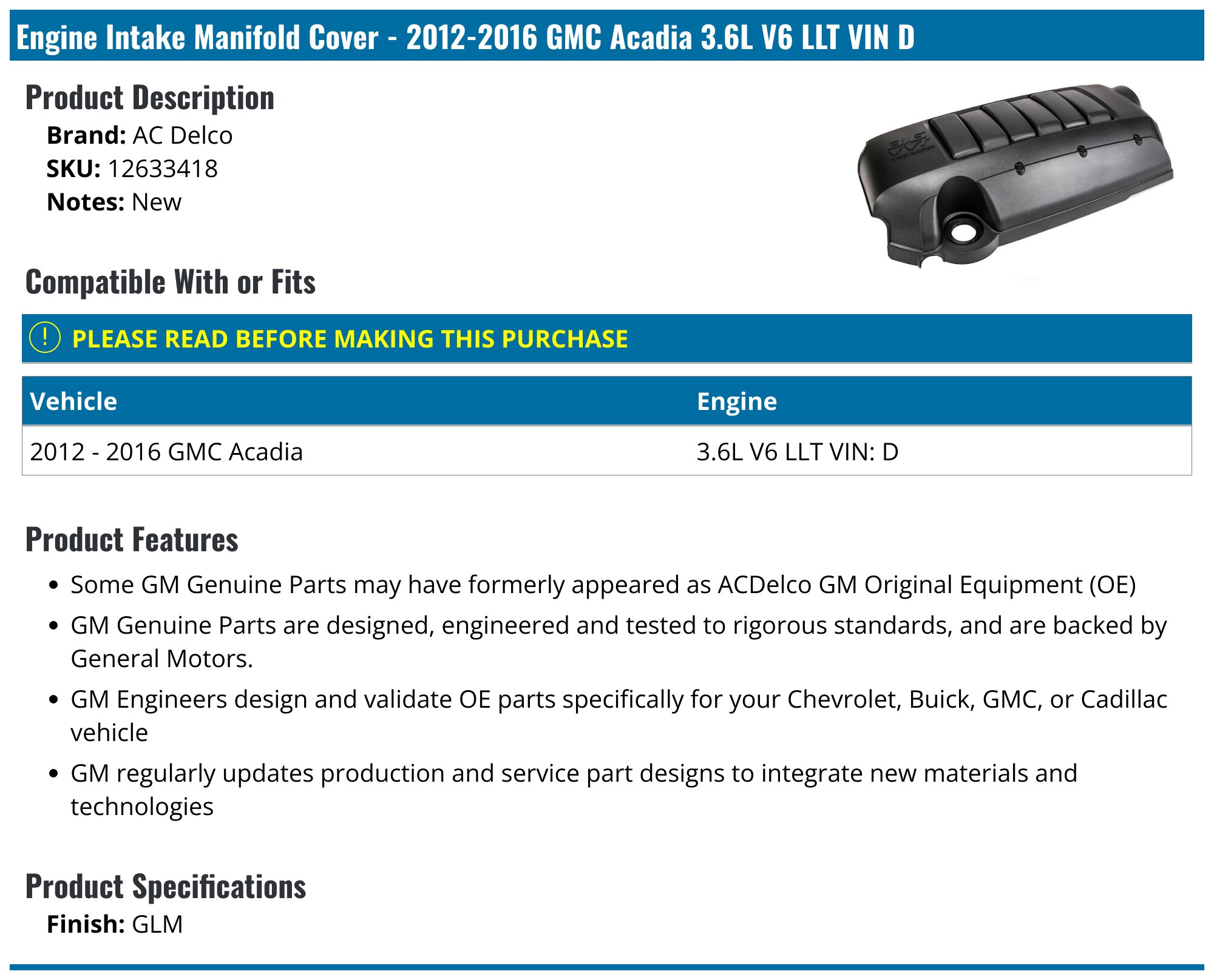 2012-2016 GMC Acadia Engine Intake Manifold Cover - AC Delco 12633418 ...