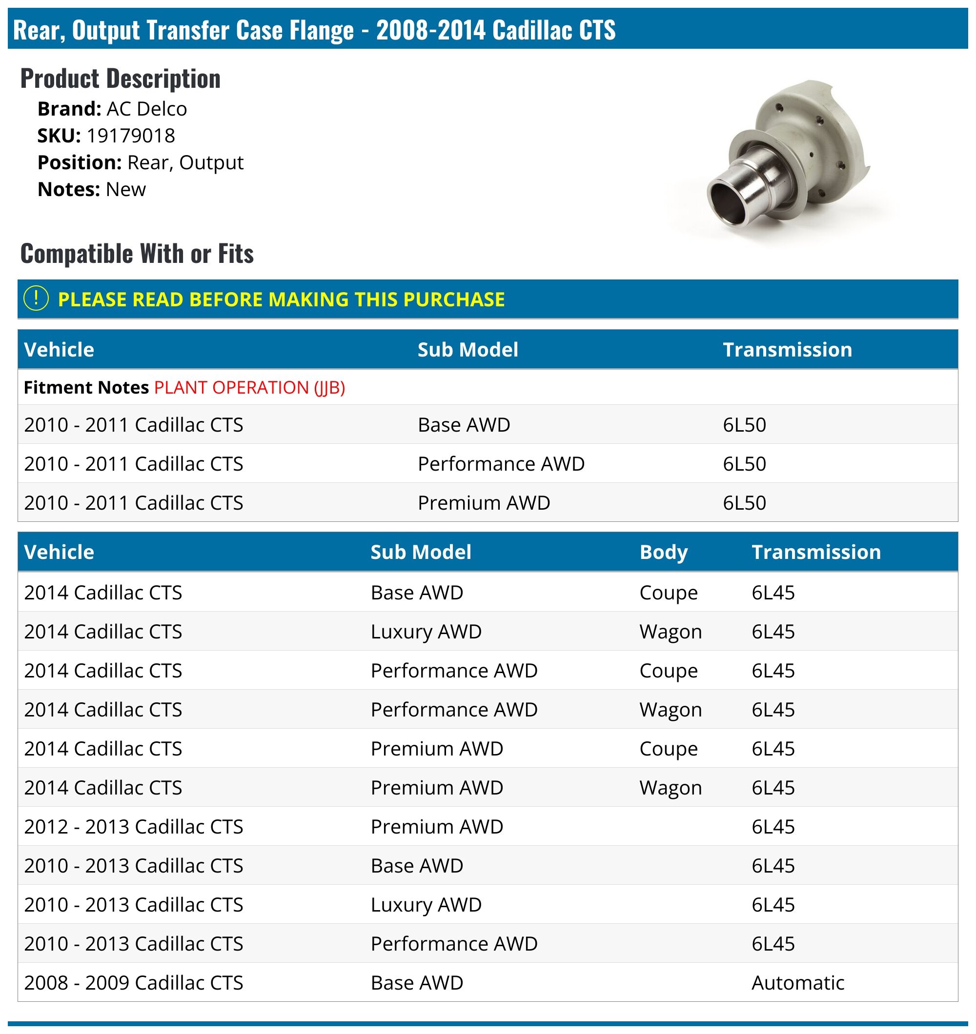 2008-2014 Cadillac CTS Transfer Case Flange - AC Delco 19179018 - Rear ...