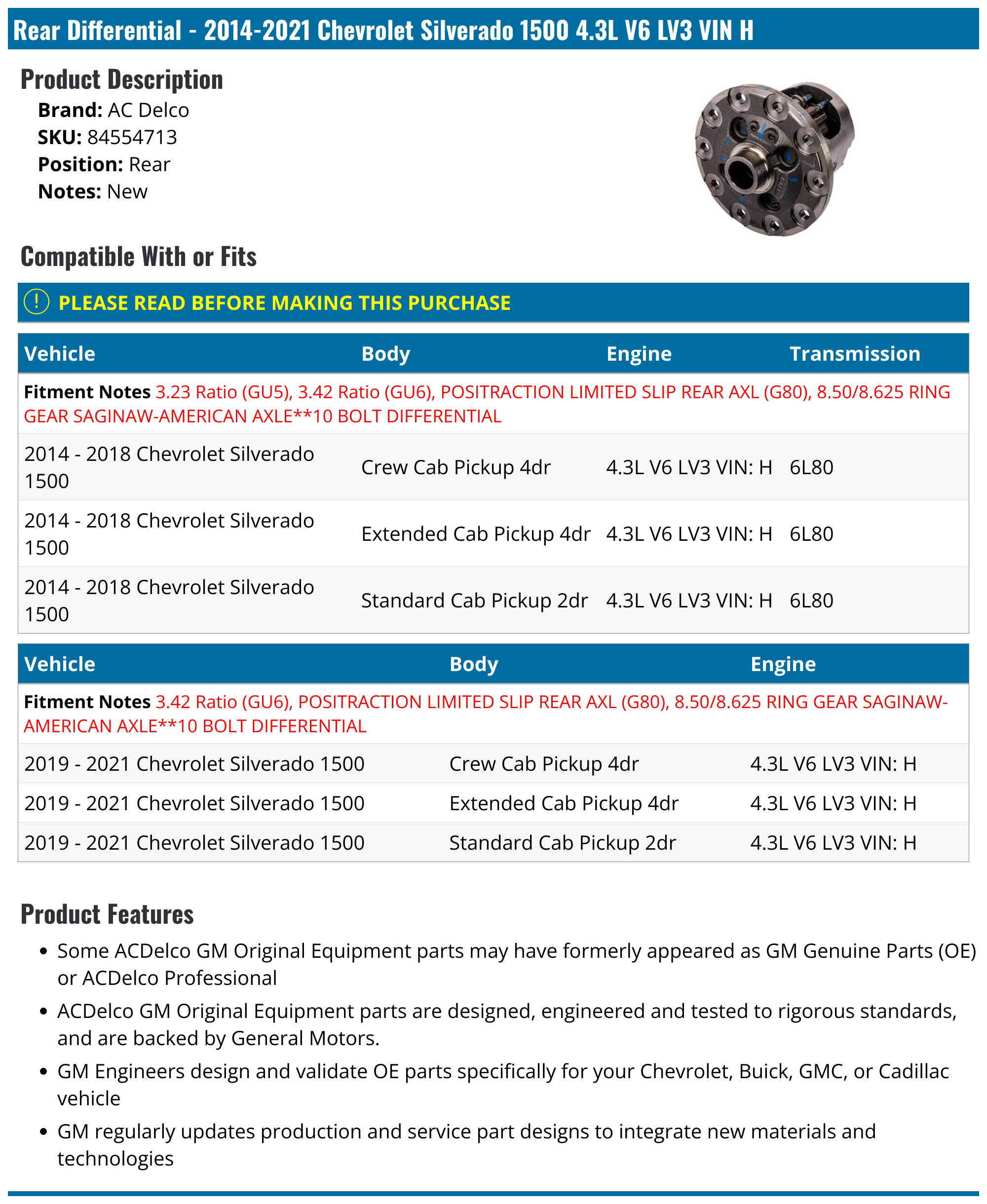 2014-2021 Chevrolet Silverado 1500 Differential - AC Delco 84554713 ...