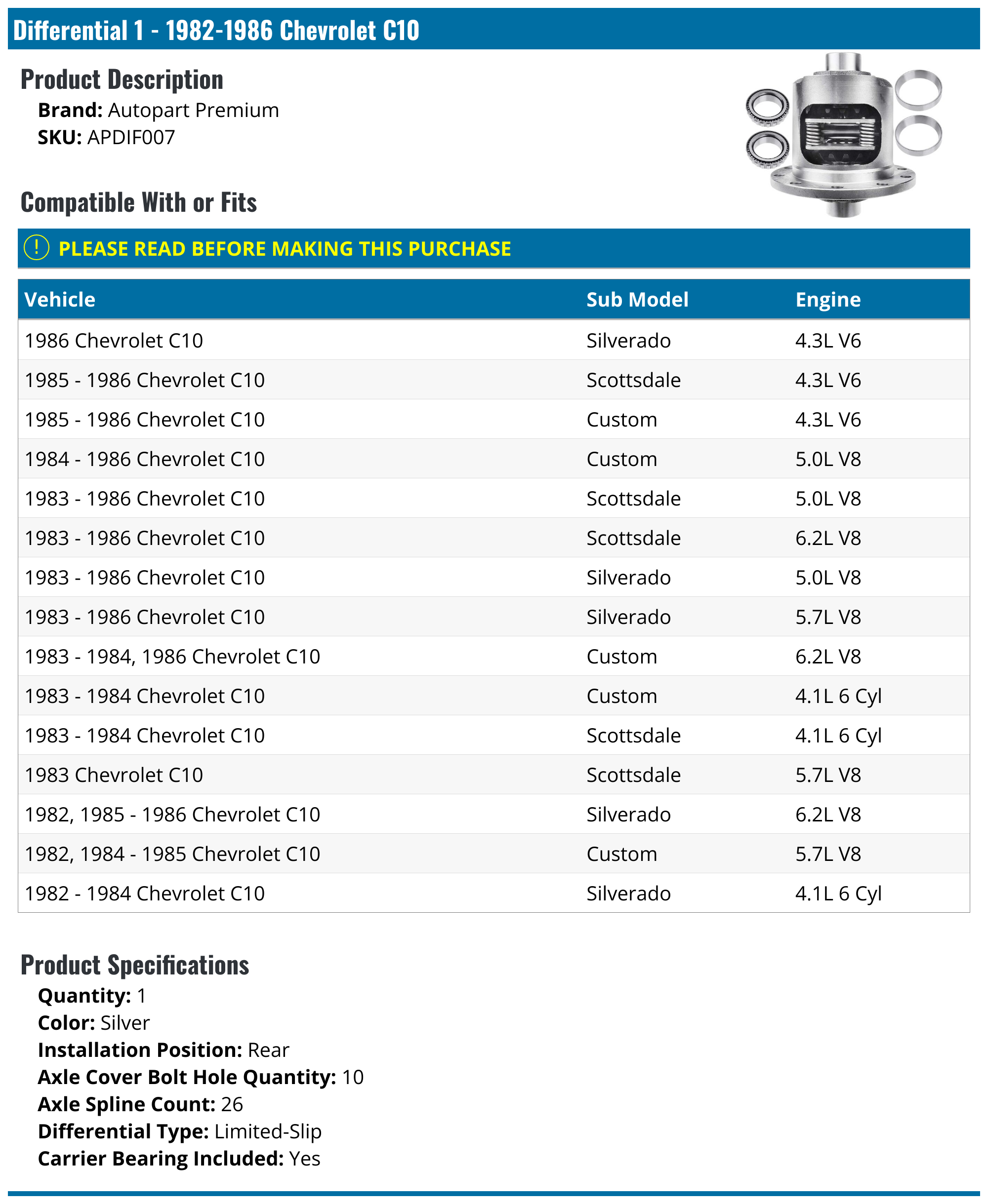 1982-1986 Chevrolet C10 Differential - Autopart Premium APDIF007 - Rear ...