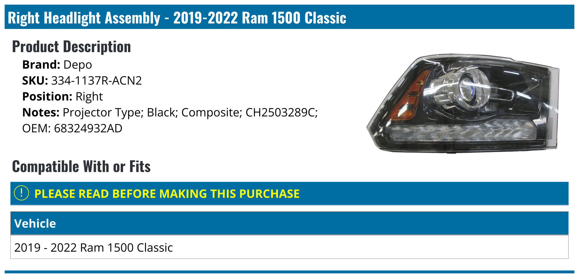 2019-2024 Ram 1500 Classic Headlight Assembly - Depo 334-1137R-ACN2 ...