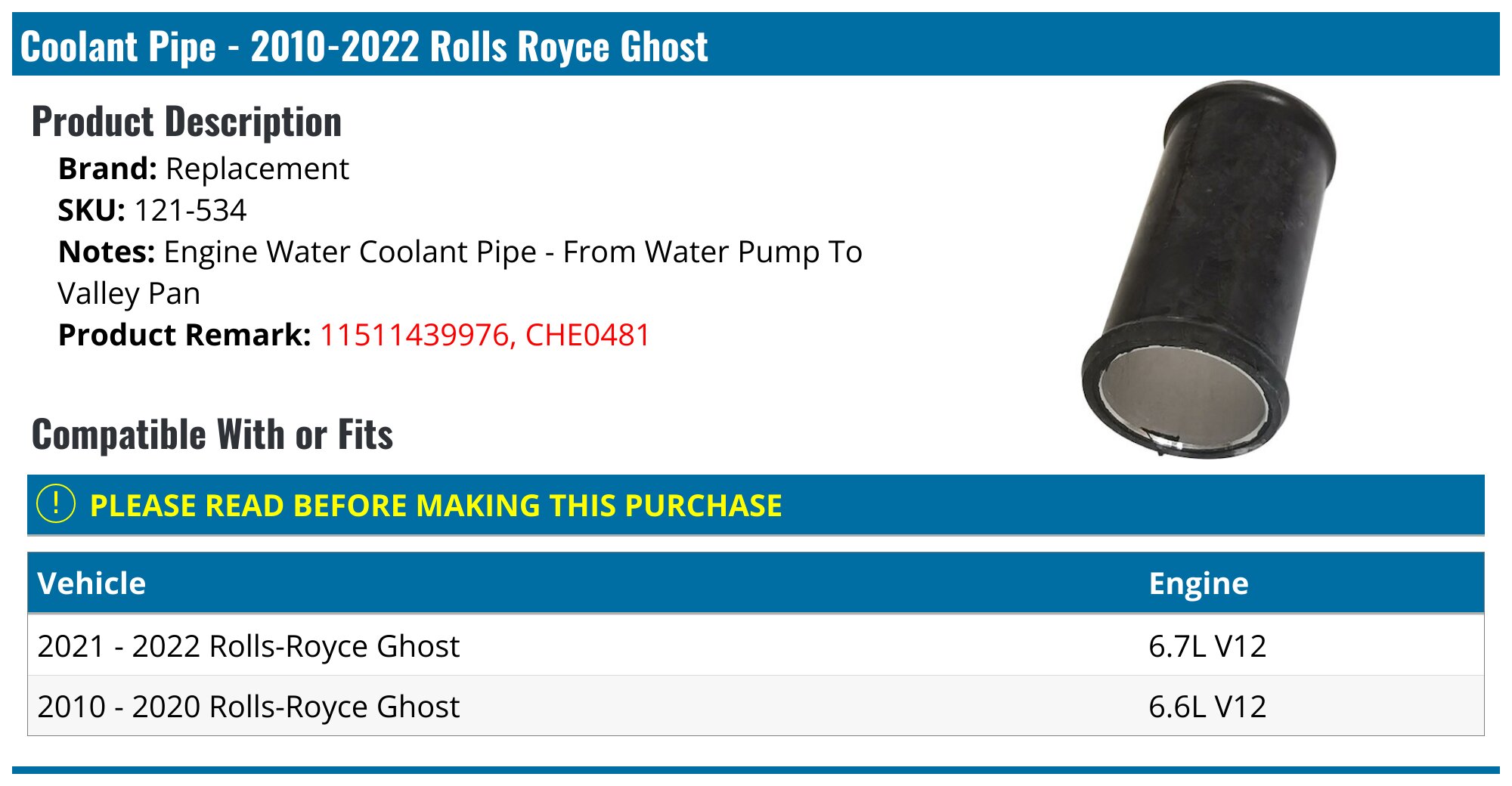 2010-2022 Rolls Royce Ghost Coolant Pipe - Replacement 121-534 ...