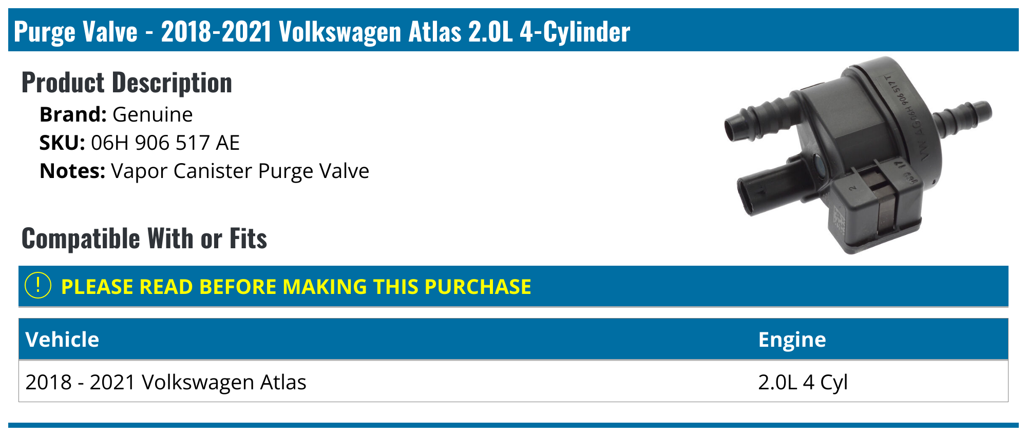 2018-2021 Volkswagen Atlas Purge Valve - Genuine 06H 906 517 AE ...