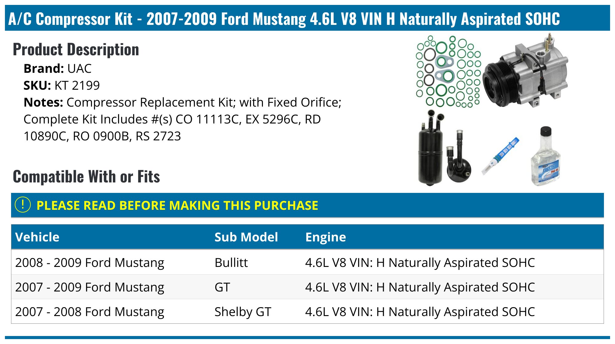 2007-2009 Ford Mustang A/C Compressor - UAC KT 2199 - PartsGeek.com