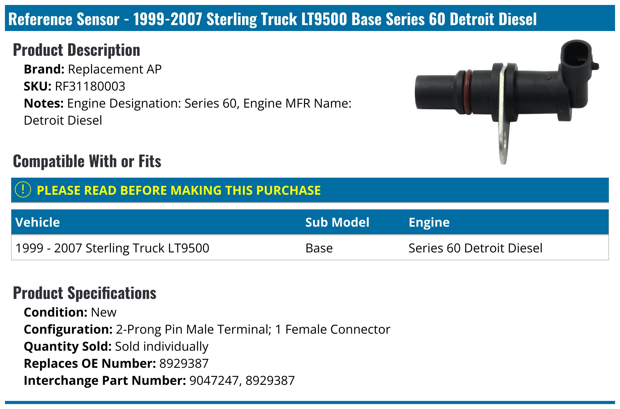 1999-2007 Sterling Truck LT9500 Crank Position Sensor - Replacement AP ...