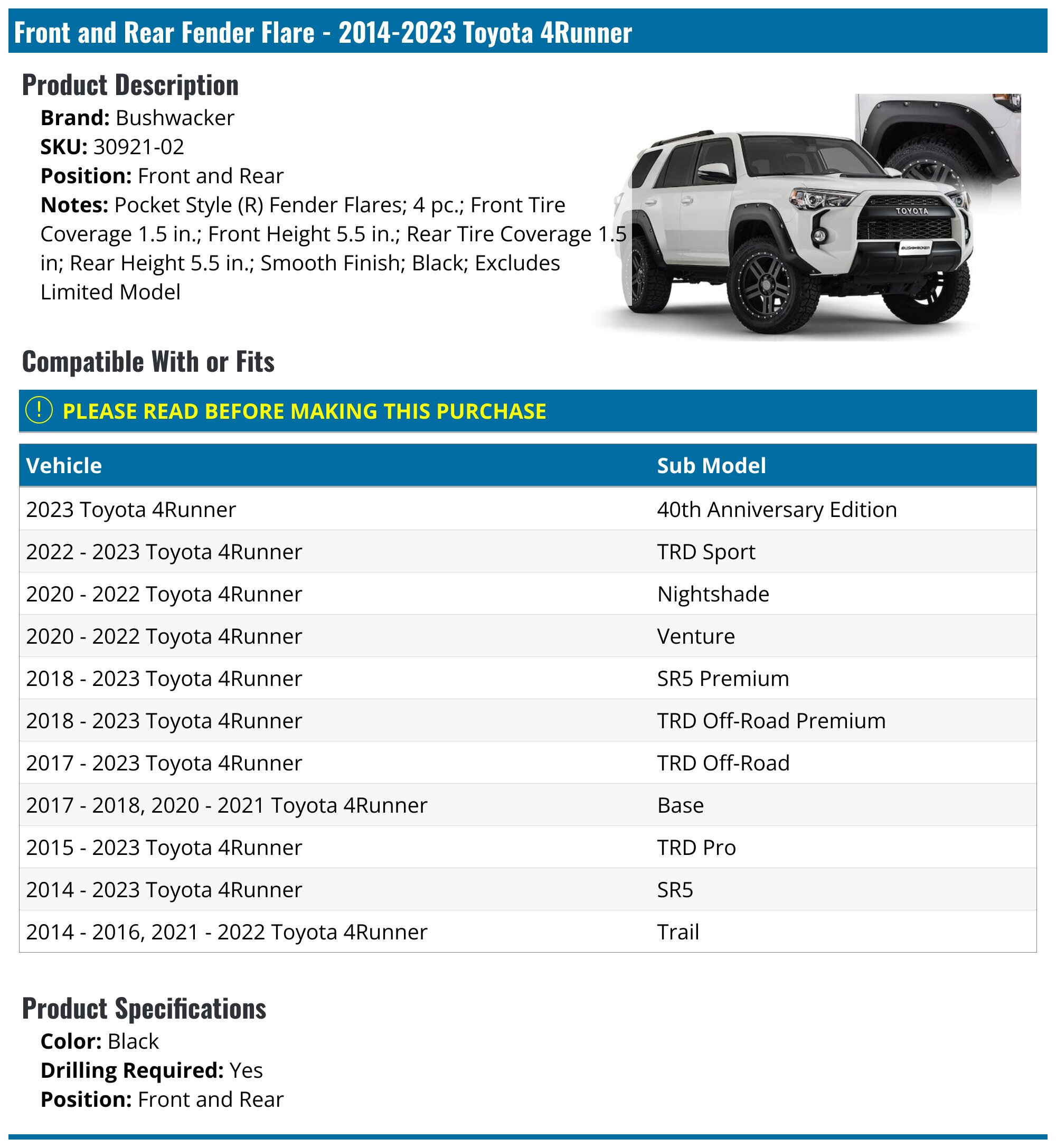 2014-2024 Toyota 4Runner Fender Flare - Bushwacker 30921-02 - Front and ...