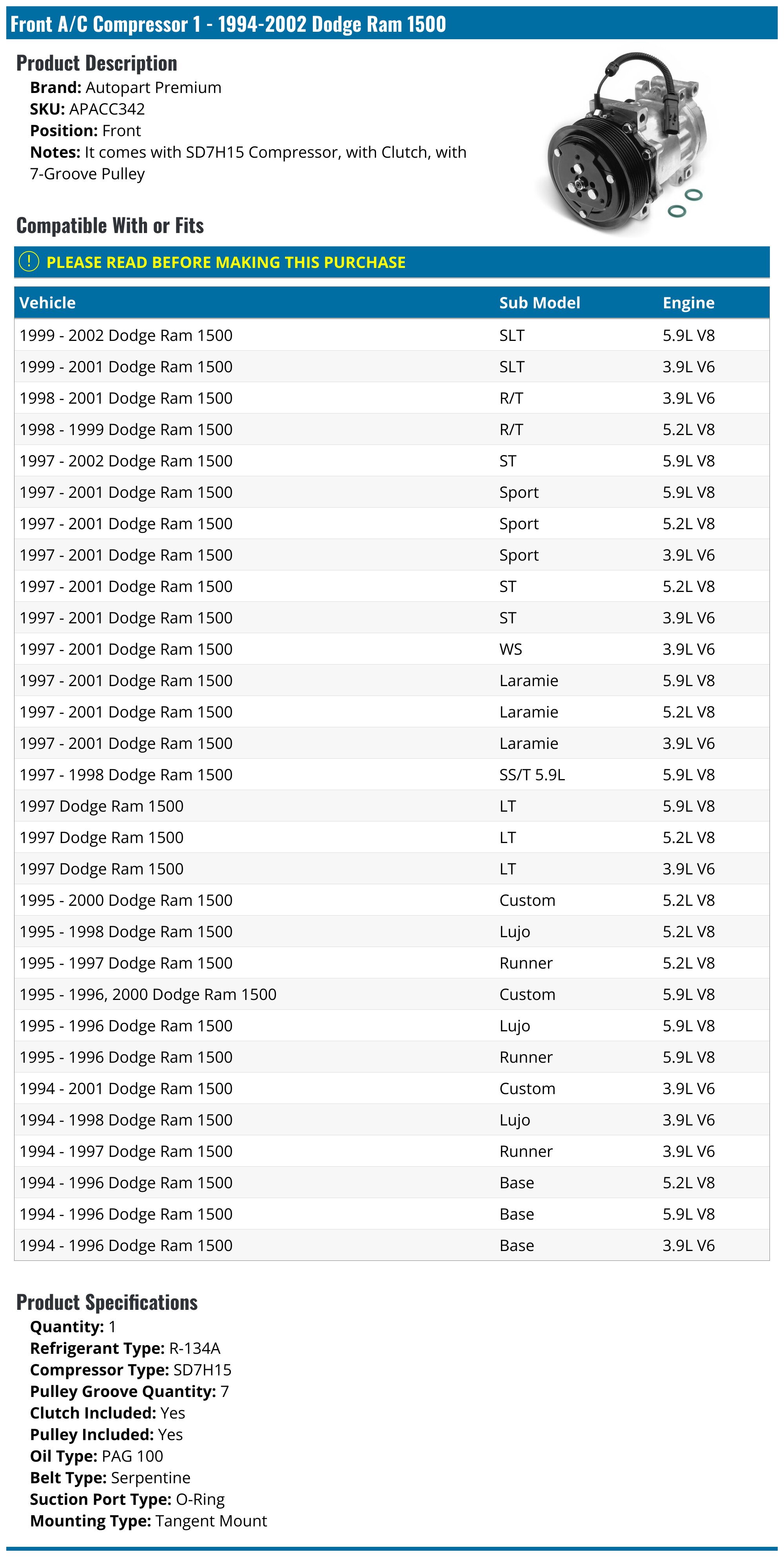 1994-2002 Dodge Ram 1500 A/C Compressor - Autopart Premium APACC342 ...