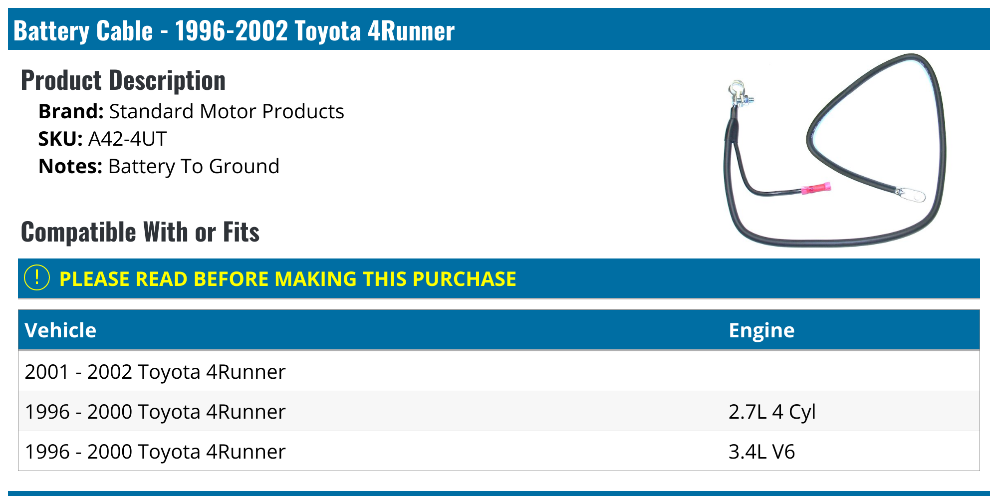 1996-2002 Toyota 4Runner Battery Cable - Standard Motor Products A42 ...