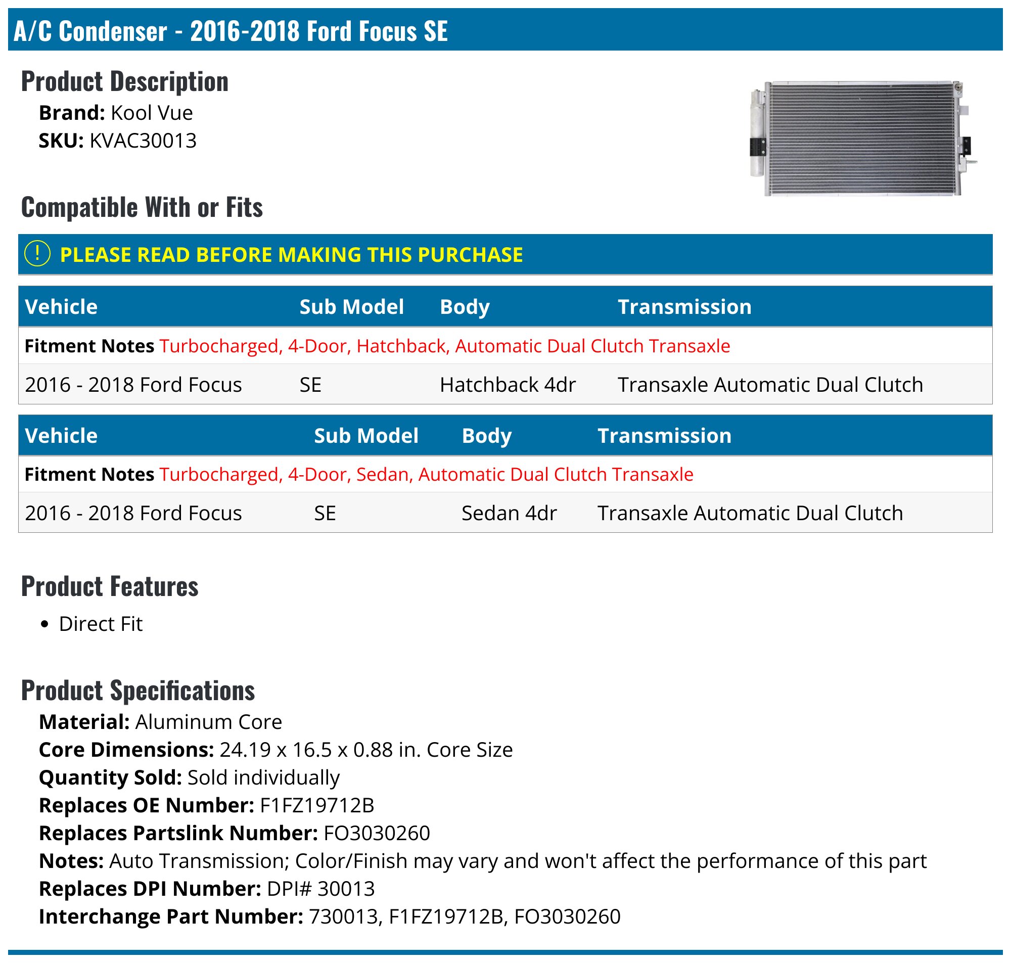 2016-2018 Ford Focus A/C Condenser - Kool Vue KVAC30013 - PartsGeek.com