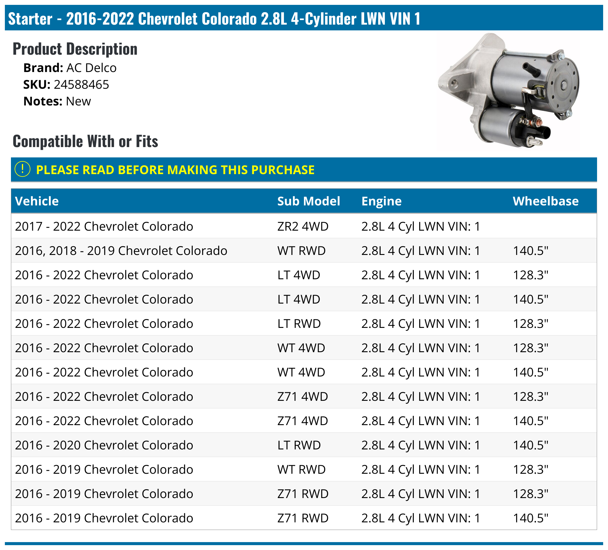 2016-2022 Chevrolet Colorado Starter - AC Delco 24588465 - PartsGeek.com