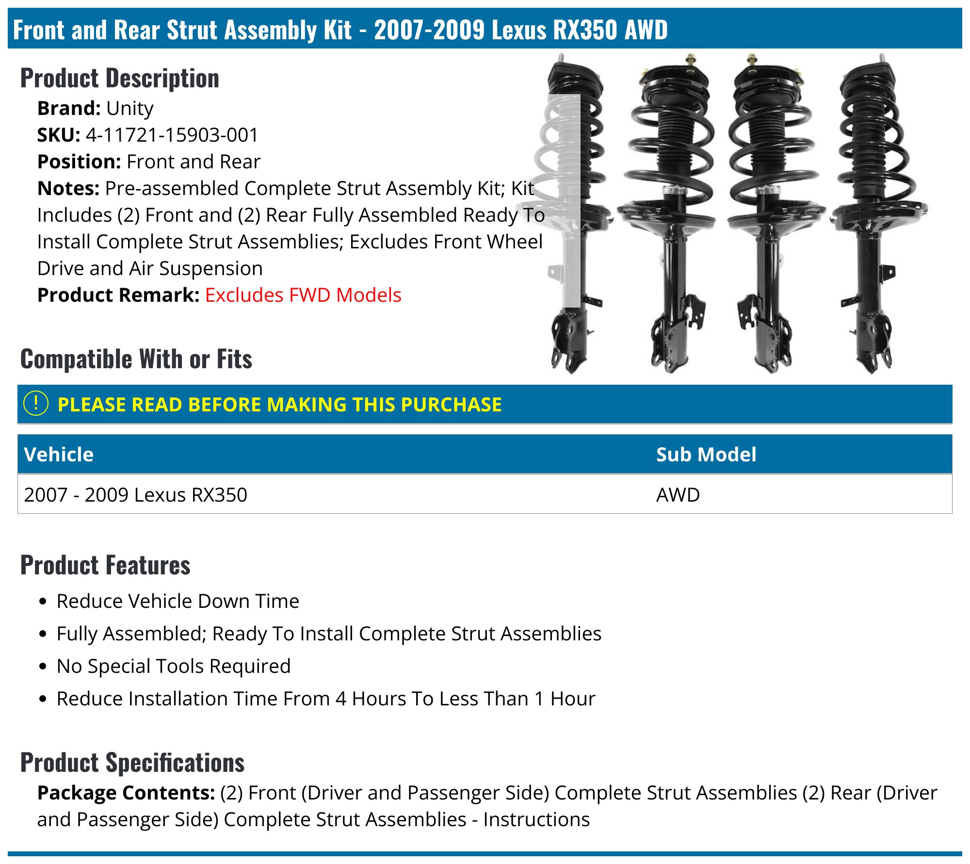 2007-2009 Lexus RX350 Strut Assembly - Unity 4-11721-15903-001 - Front ...