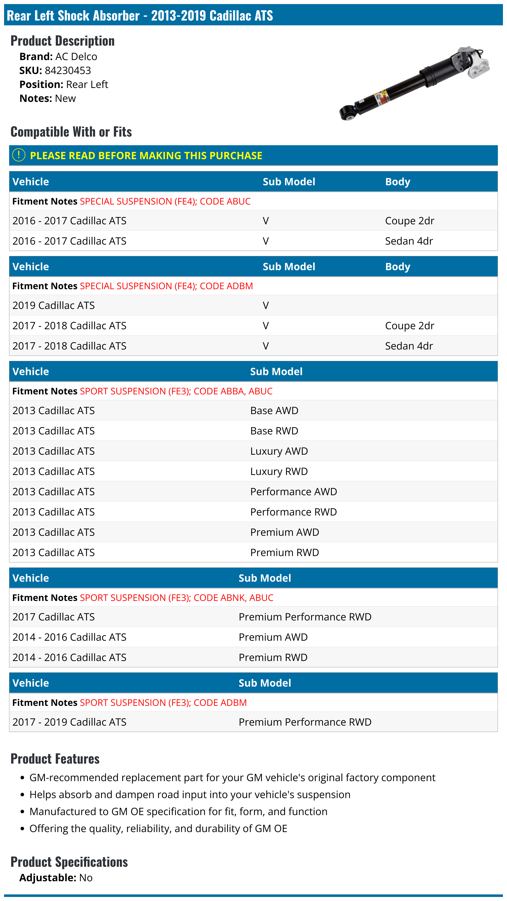 2013-2019 Cadillac ATS Shock Absorber - AC Delco 84230453 - Rear Left ...