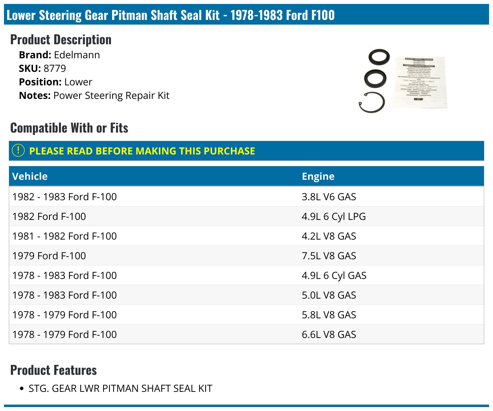1978-1983 Ford F100 Steering Gear Pitman Shaft Seal Kit - Edelmann 8779 ...