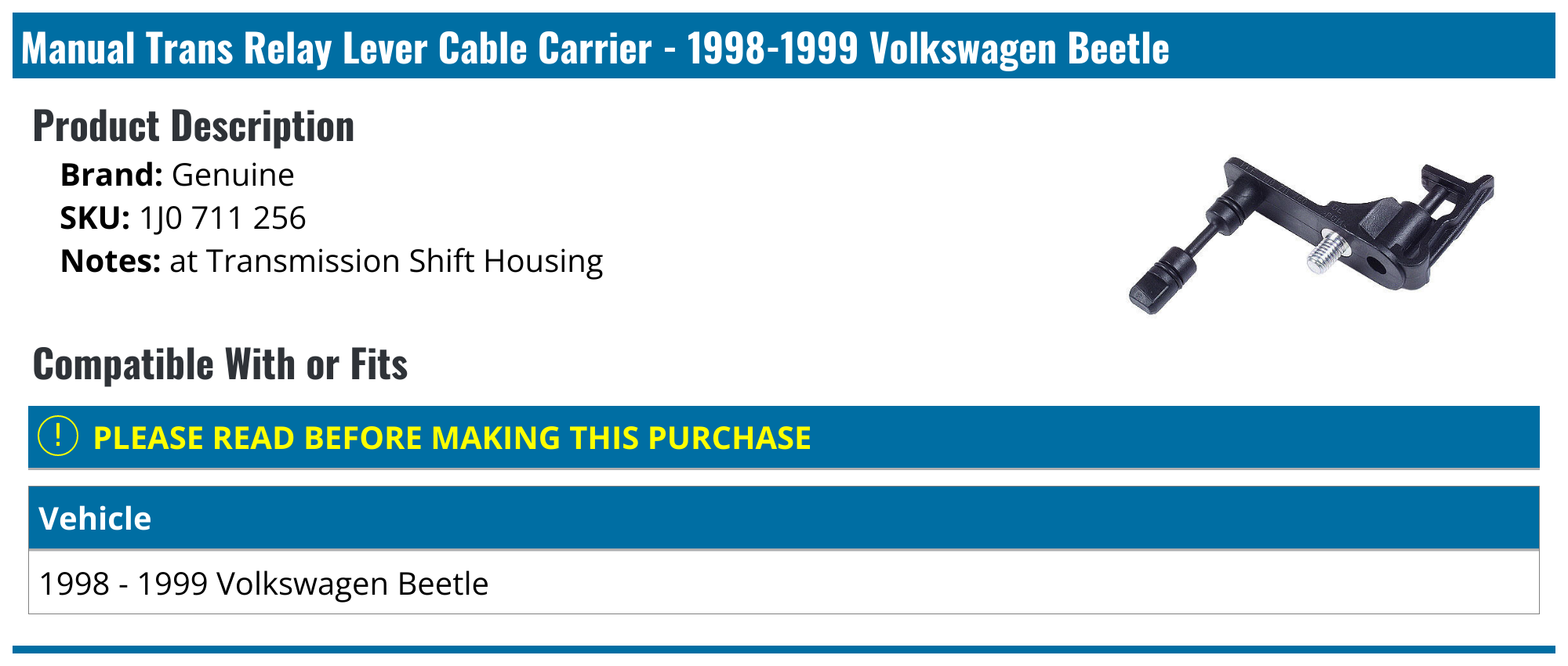 1998-1999 Volkswagen Beetle Manual Trans Relay Lever Cable Carrier ...