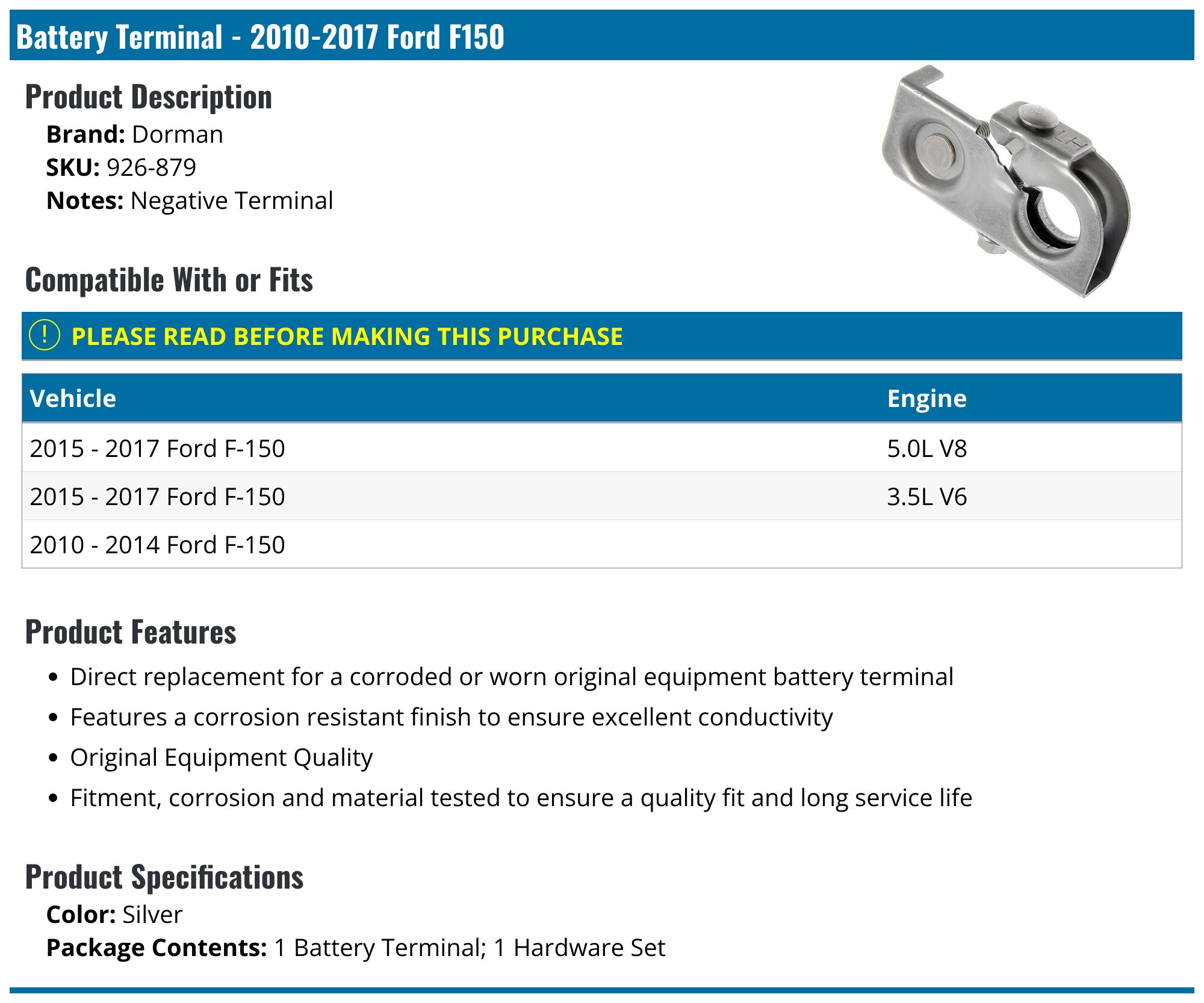 2010-2017 Ford F150 Battery Terminal - Dorman 926-879 - - PartsGeek.com