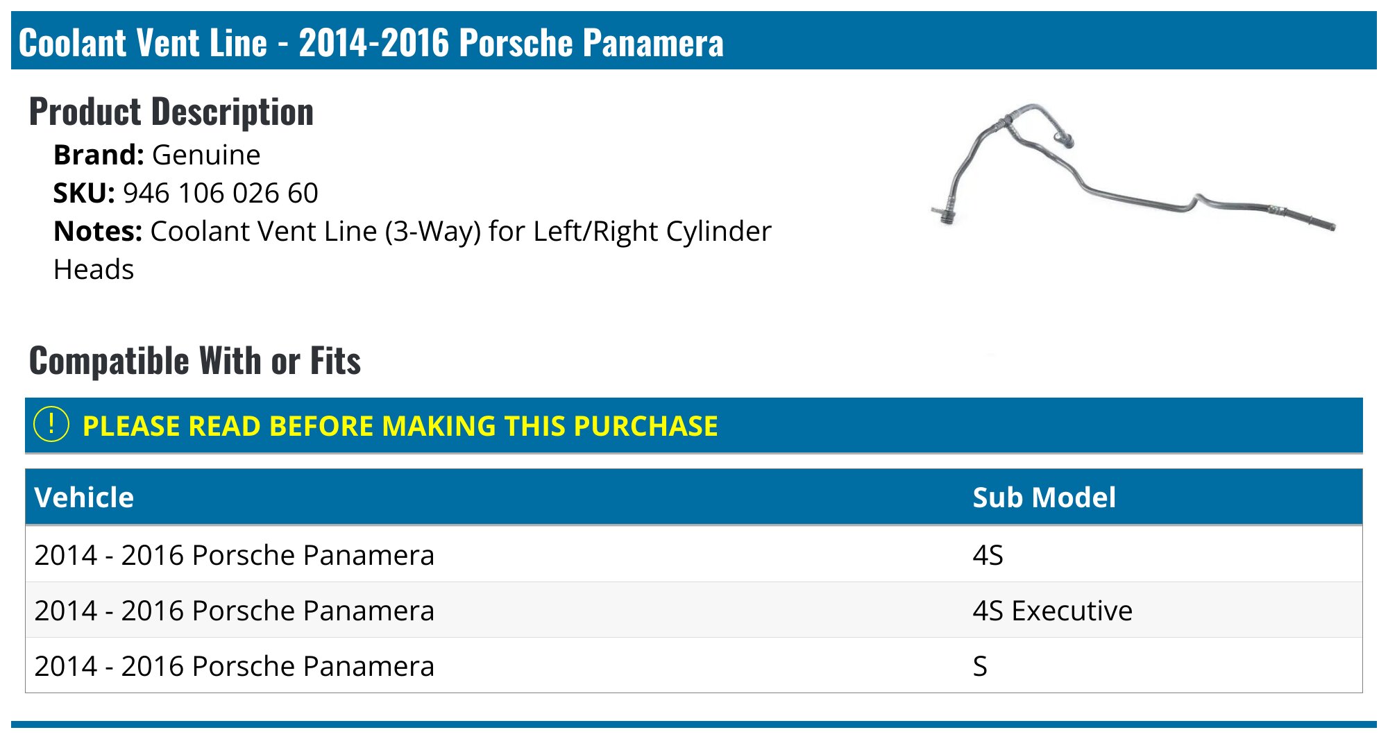2014-2016 Porsche Panamera Coolant Vent Line - Genuine 946 106 026 60 ...