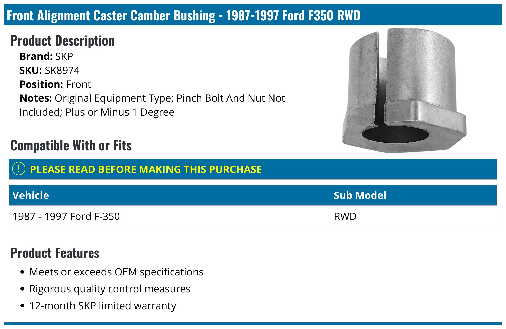 1987-1997 Ford F350 Alignment Caster Camber Bushing - SKP SK8974 ...