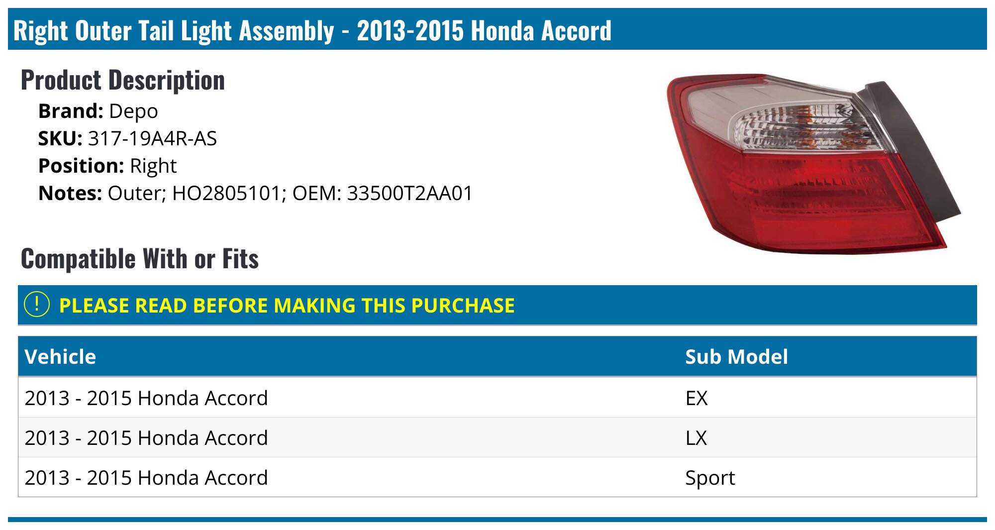 2013-2015 Honda Accord Tail Light Assembly - Depo 317-19A4R-AS - Right ...