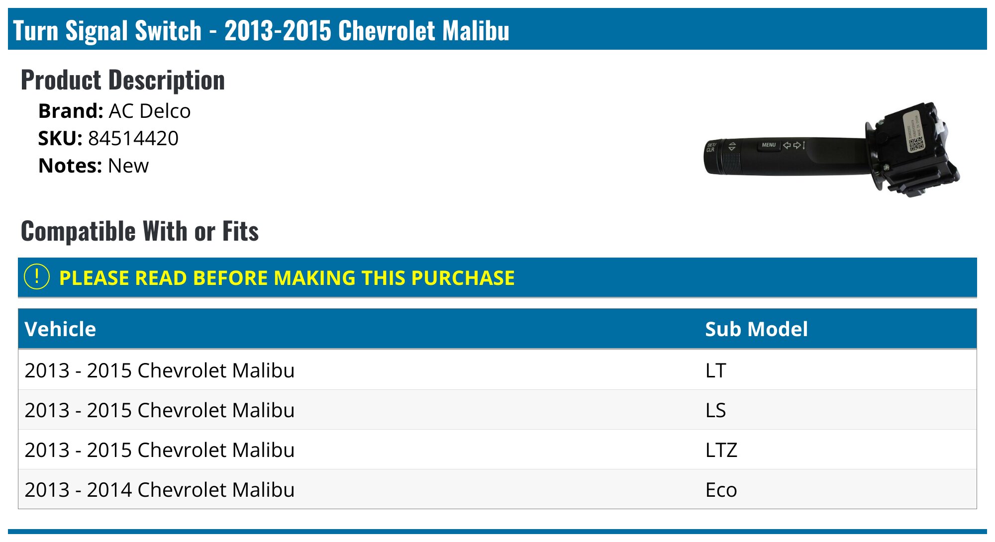 2013-2015 Chevrolet Malibu Turn Signal Switch - AC Delco 84514420 ...