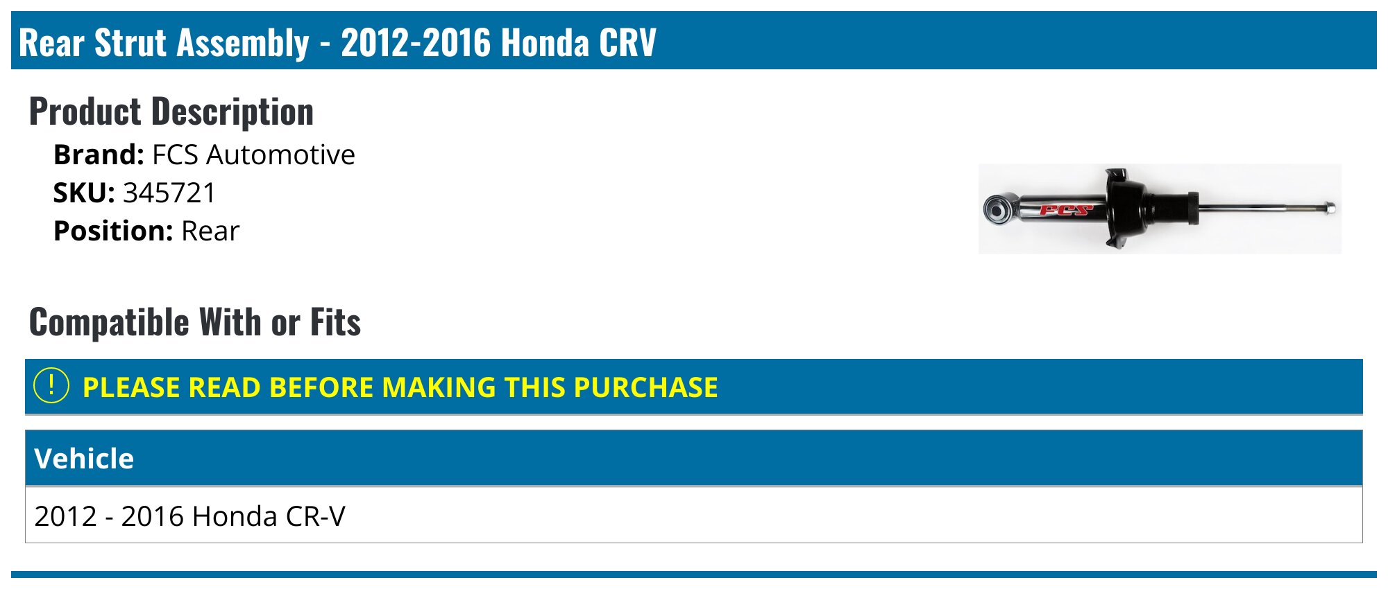 2012-2016 Honda CRV Strut Assembly - FCS Automotive 345721 - Rear ...