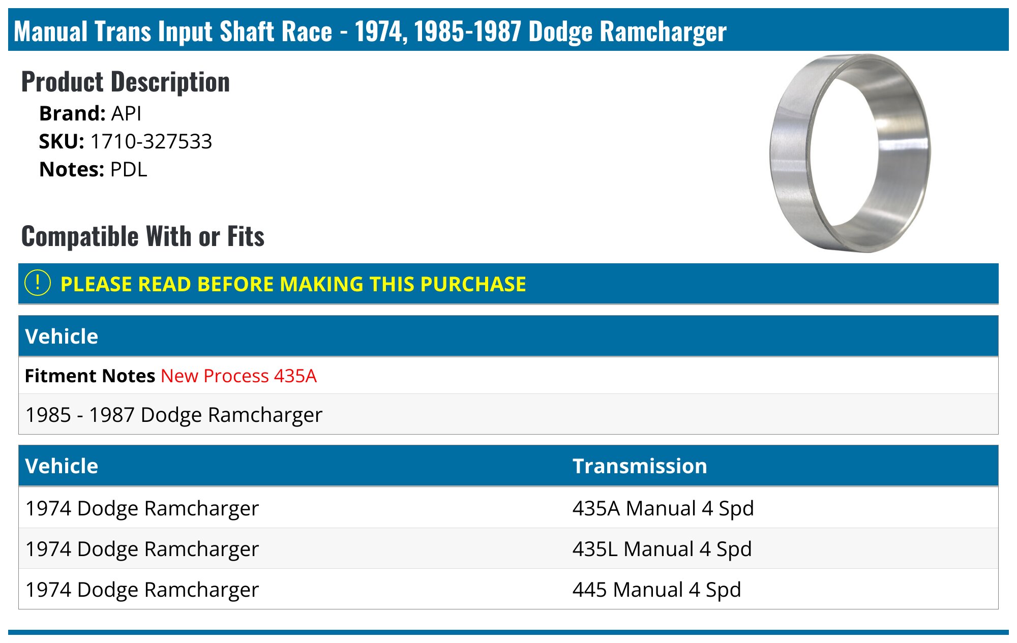 1974, 1985-1987 Dodge Ramcharger Manual Trans Input Shaft Race - API ...