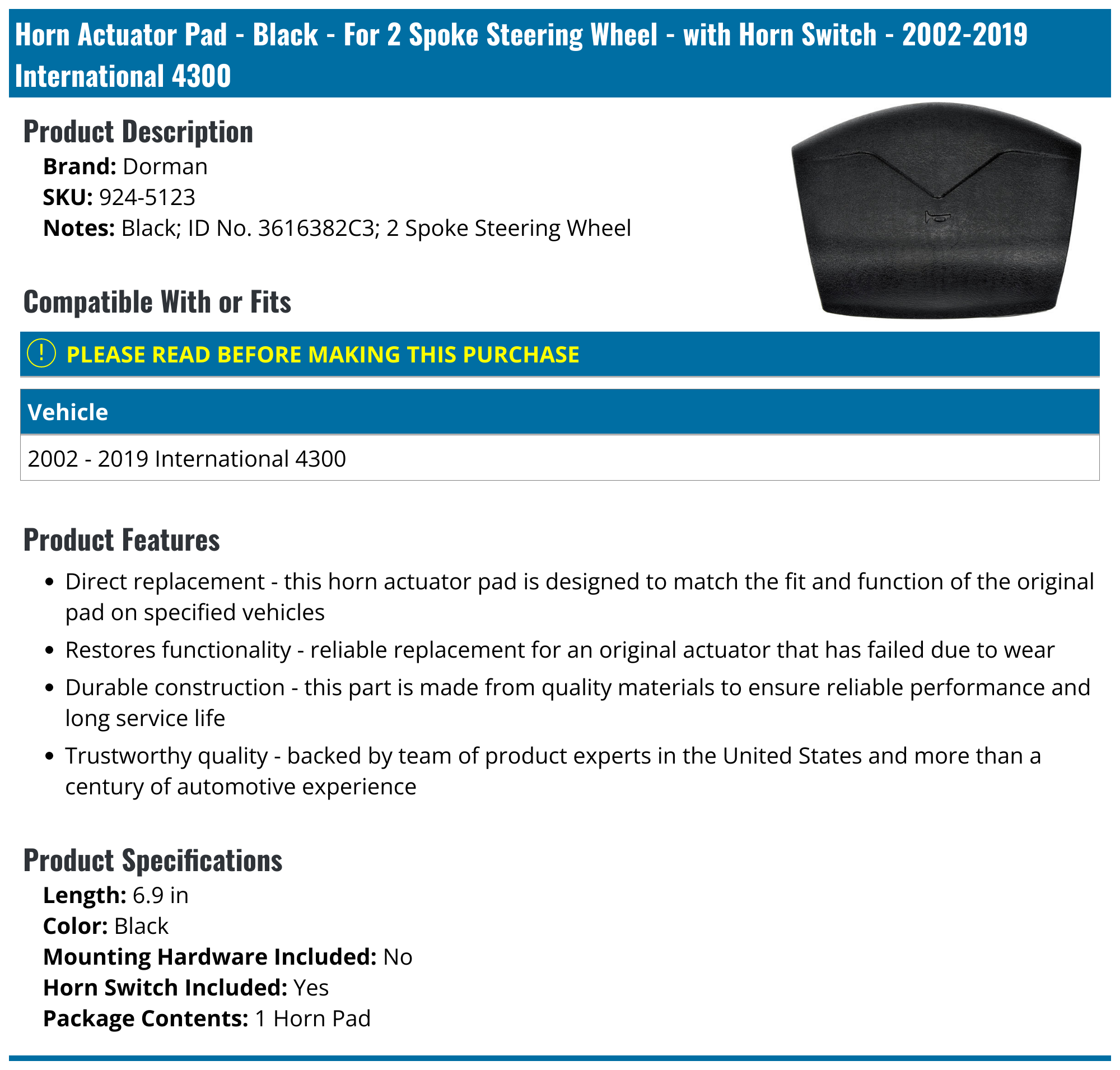 2002-2019 International 4300 Horn Actuator Pad - Dorman 924-5123 ...