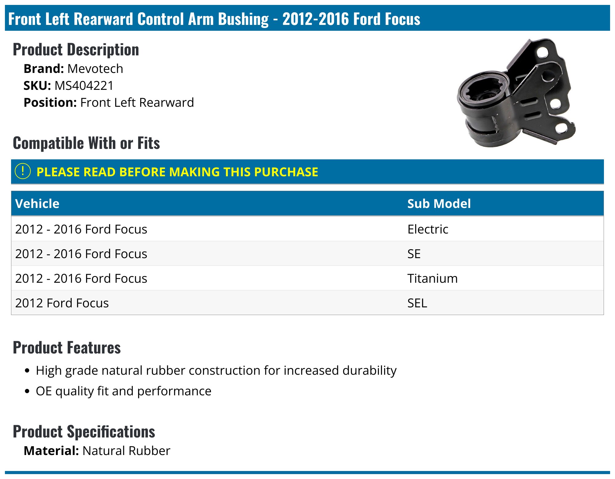 2012-2016 Ford Focus Control Arm Bushing - Mevotech MS404221 - Front ...