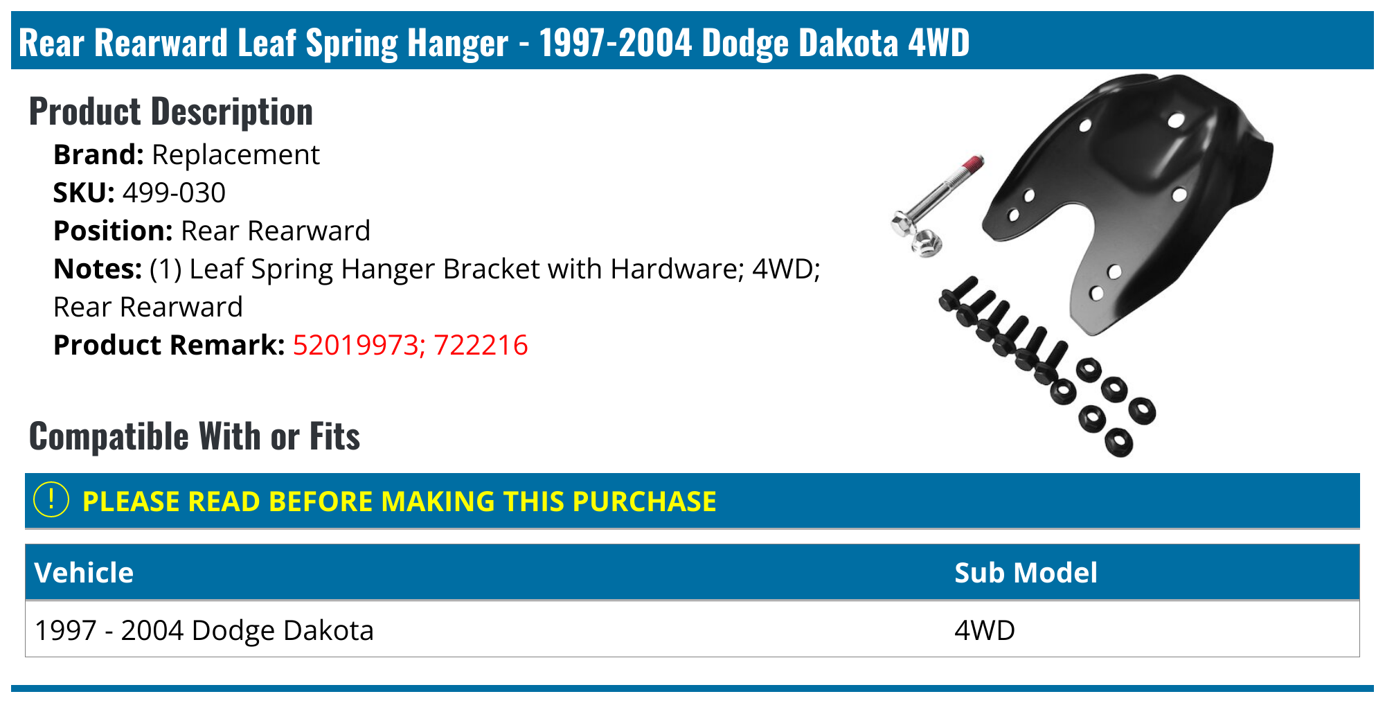 1997-2004 Dodge Dakota Leaf Spring Hanger - Replacement 499-030 - Rear ...