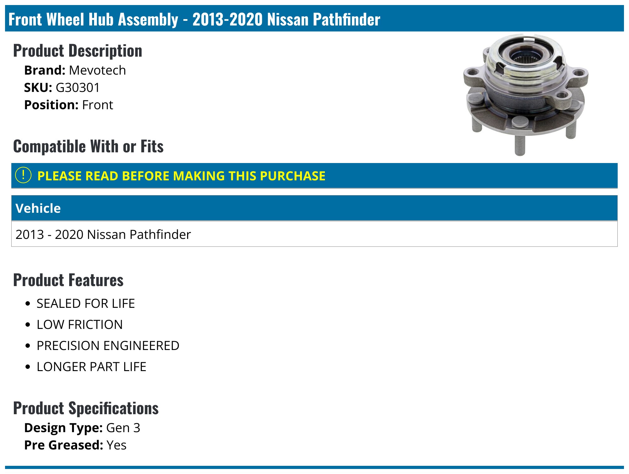 2013-2020 Nissan Pathfinder Wheel Hub Assembly - Mevotech G30301 ...