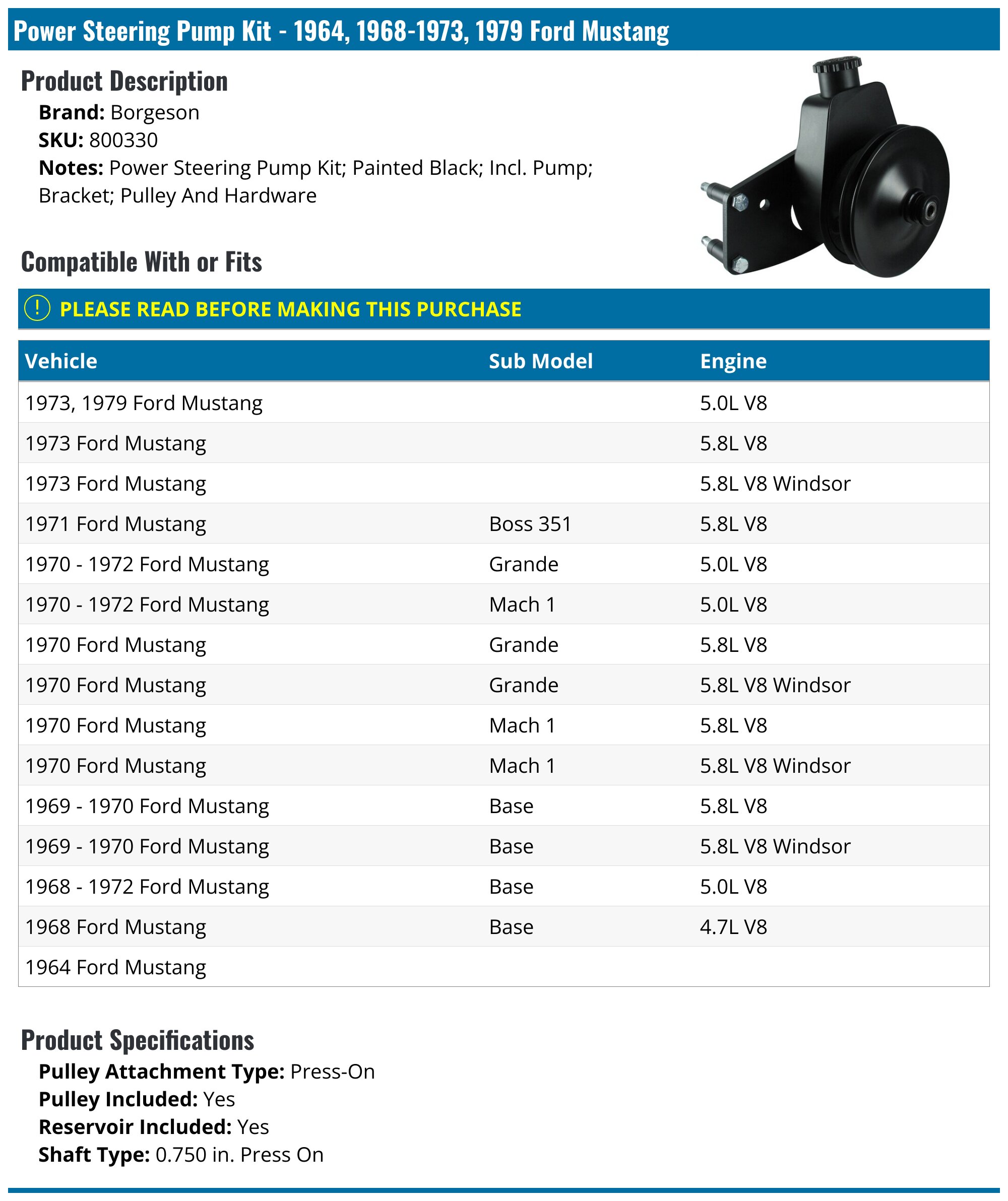 1964, 1968-1973, 1979 Ford Mustang Power Steering Pump - Borgeson ...
