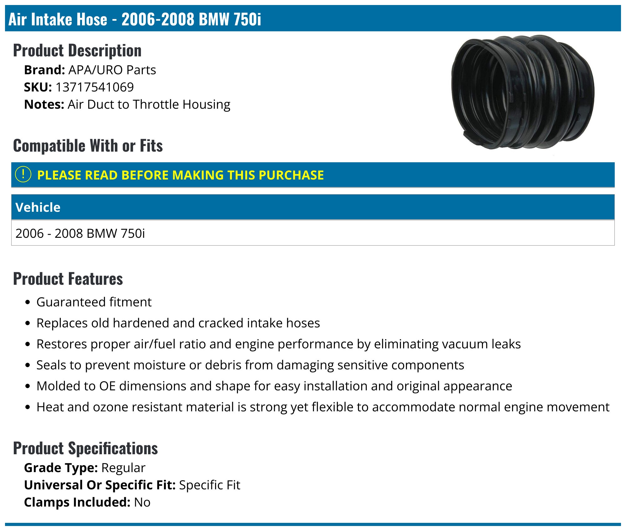 2006-2008 BMW 750i Air Intake Hose - APA/URO Parts 13717541069 ...