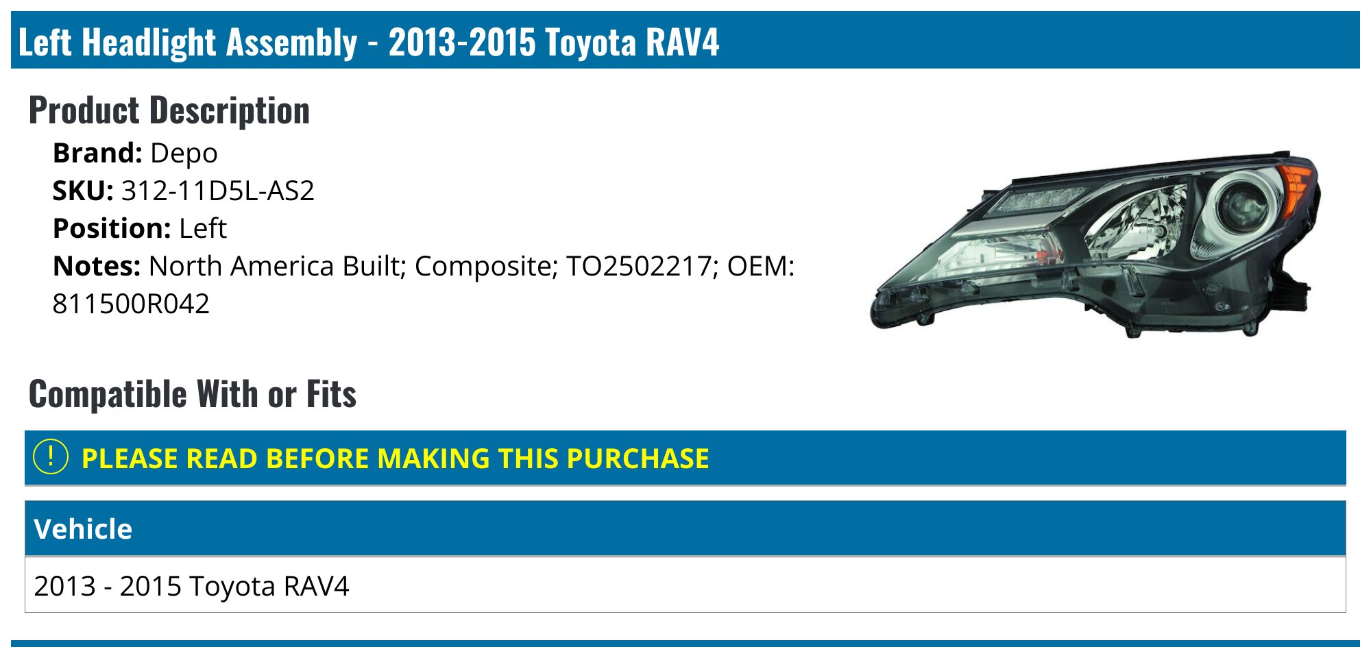 2013-2015 Toyota RAV4 Headlight Assembly - Depo 312-11D5L-AS2 - Left ...