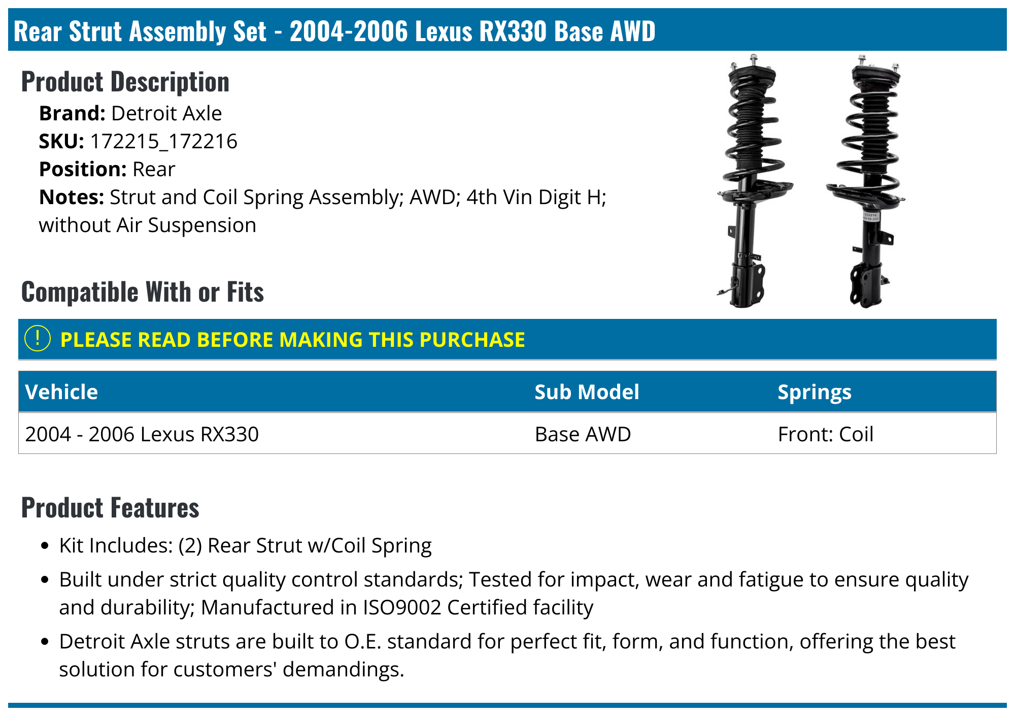 2004-2006 Lexus RX330 Strut Assembly - Detroit Axle 172215_172216 ...