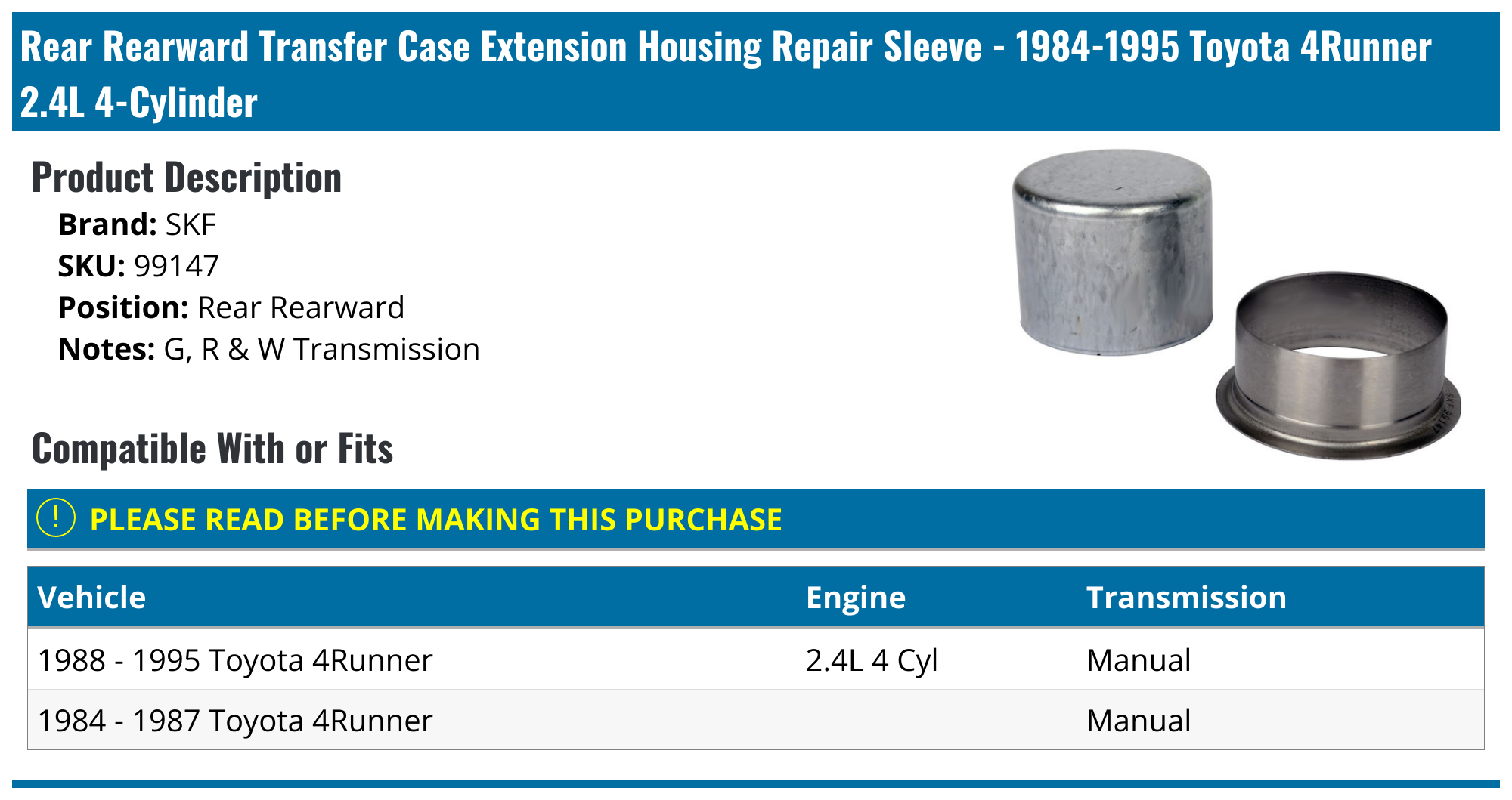1984-1995 Toyota 4Runner Transfer Case Extension Housing Repair Sleeve ...