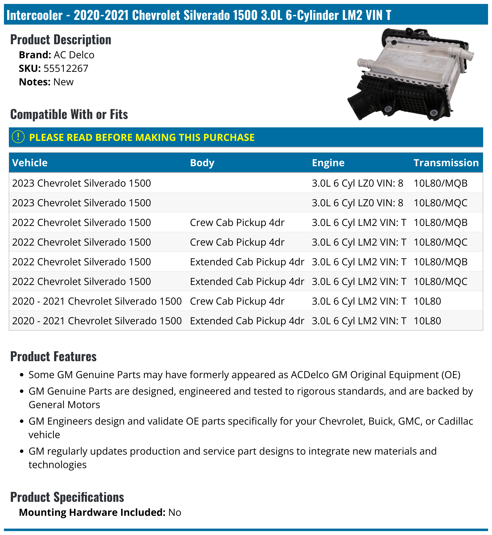 2020-2025 Chevrolet Silverado 1500 Turbocharger Intercooler - AC Delco ...