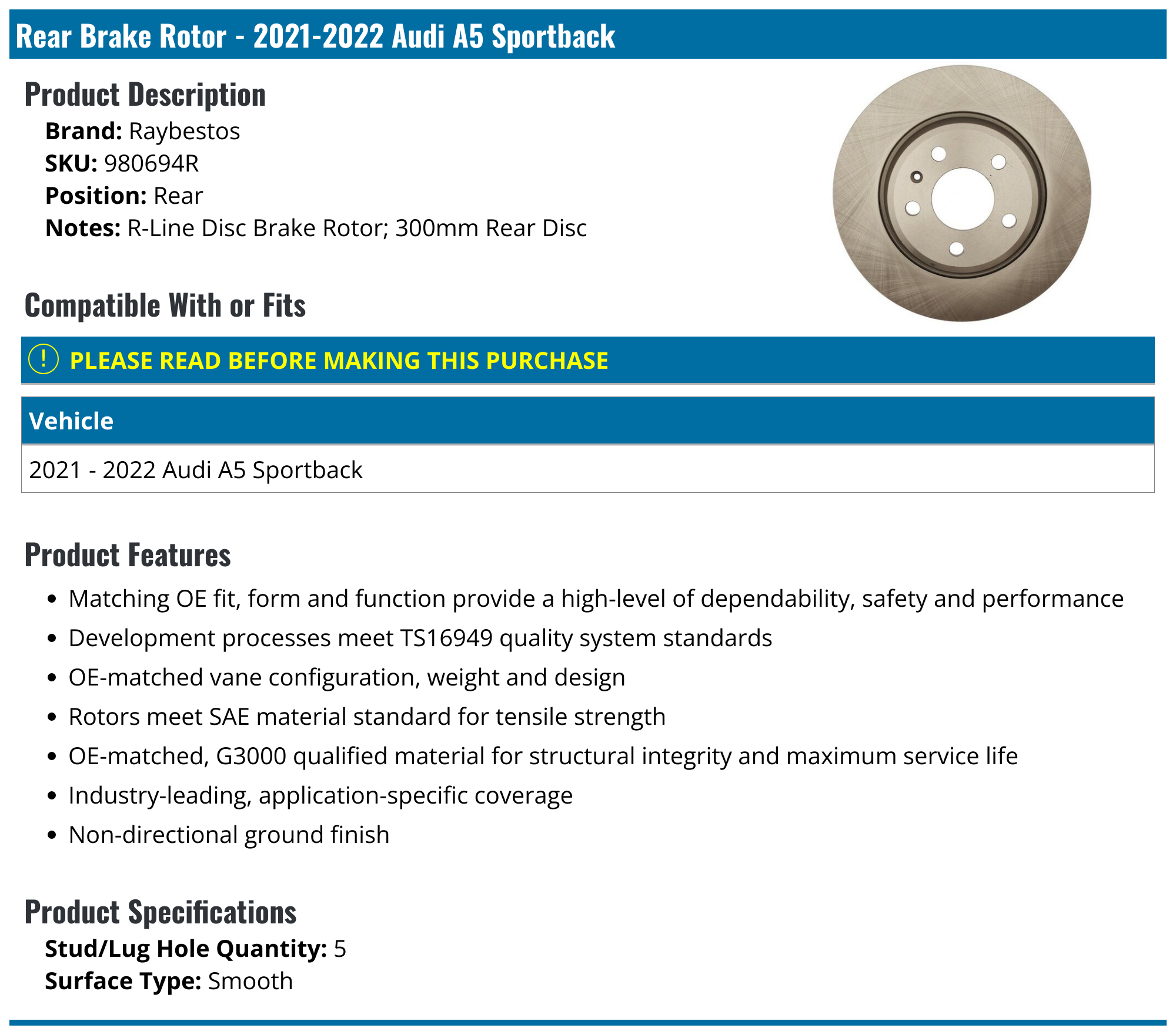 2021-2025 Audi A5 Sportback Brake Rotor - Raybestos 980694R - Rear ...