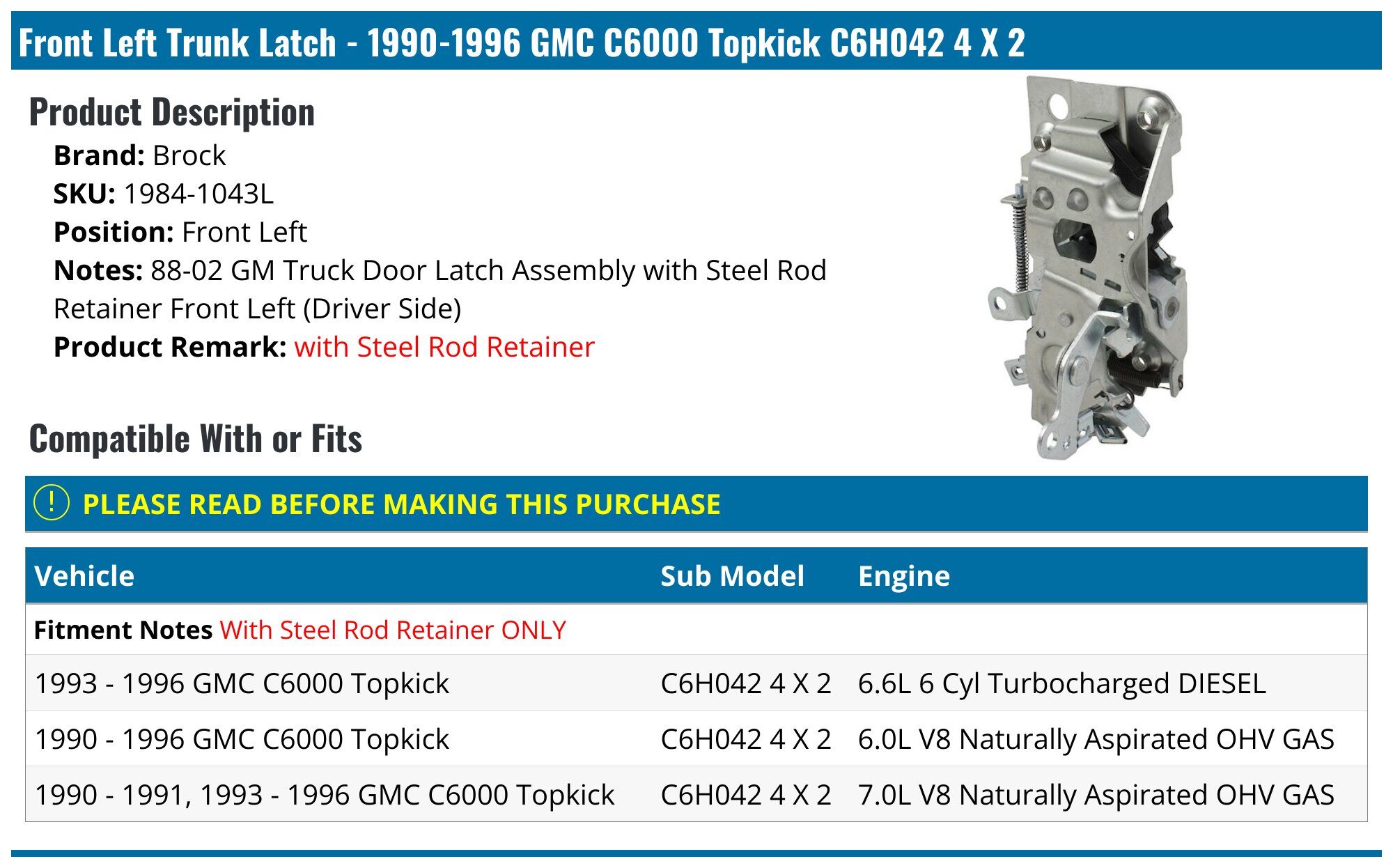 1990-1996 GMC C6000 Topkick Deck Lid Latch - Brock 1984-1043L - Front ...