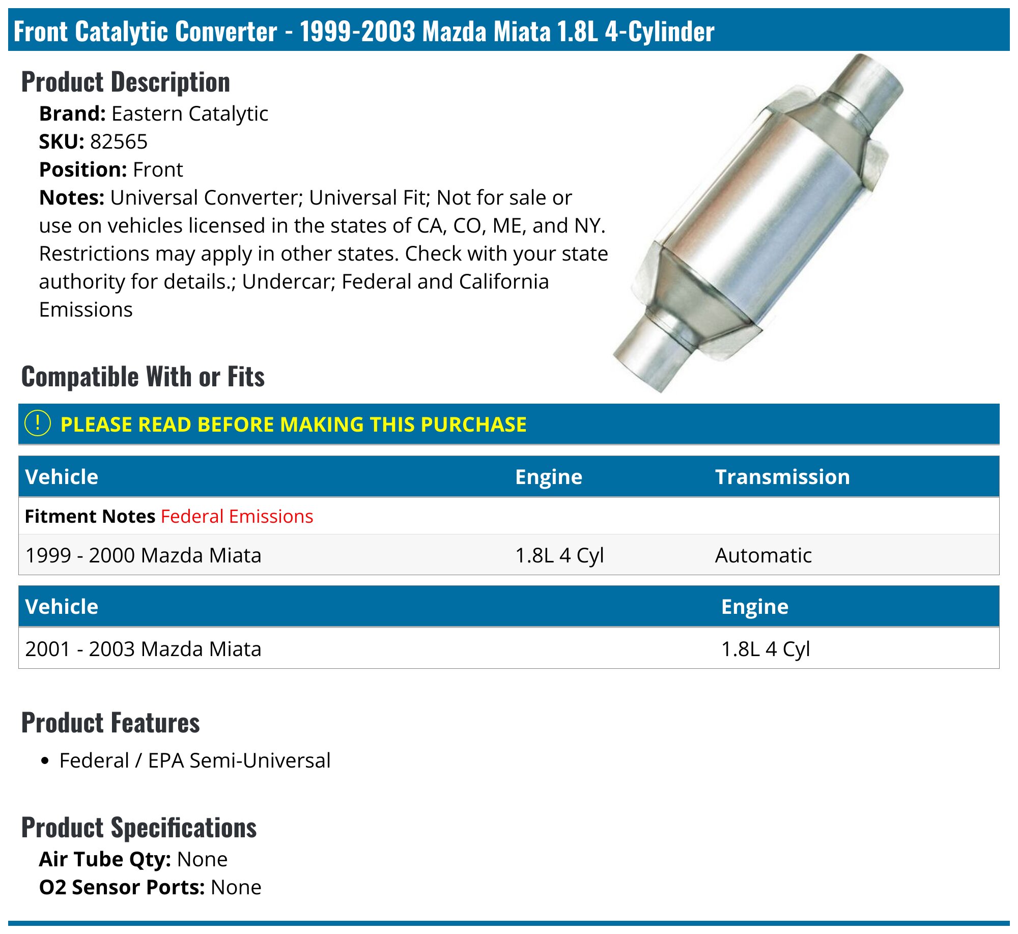 1999-2003 Mazda Miata Catalytic Converter - Eastern Catalytic 82565 ...