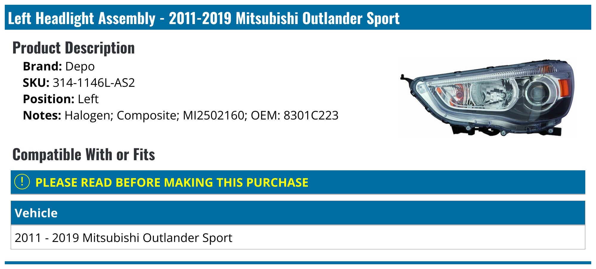 2011-2019 Mitsubishi Outlander Sport Headlight Assembly - Depo 314 ...
