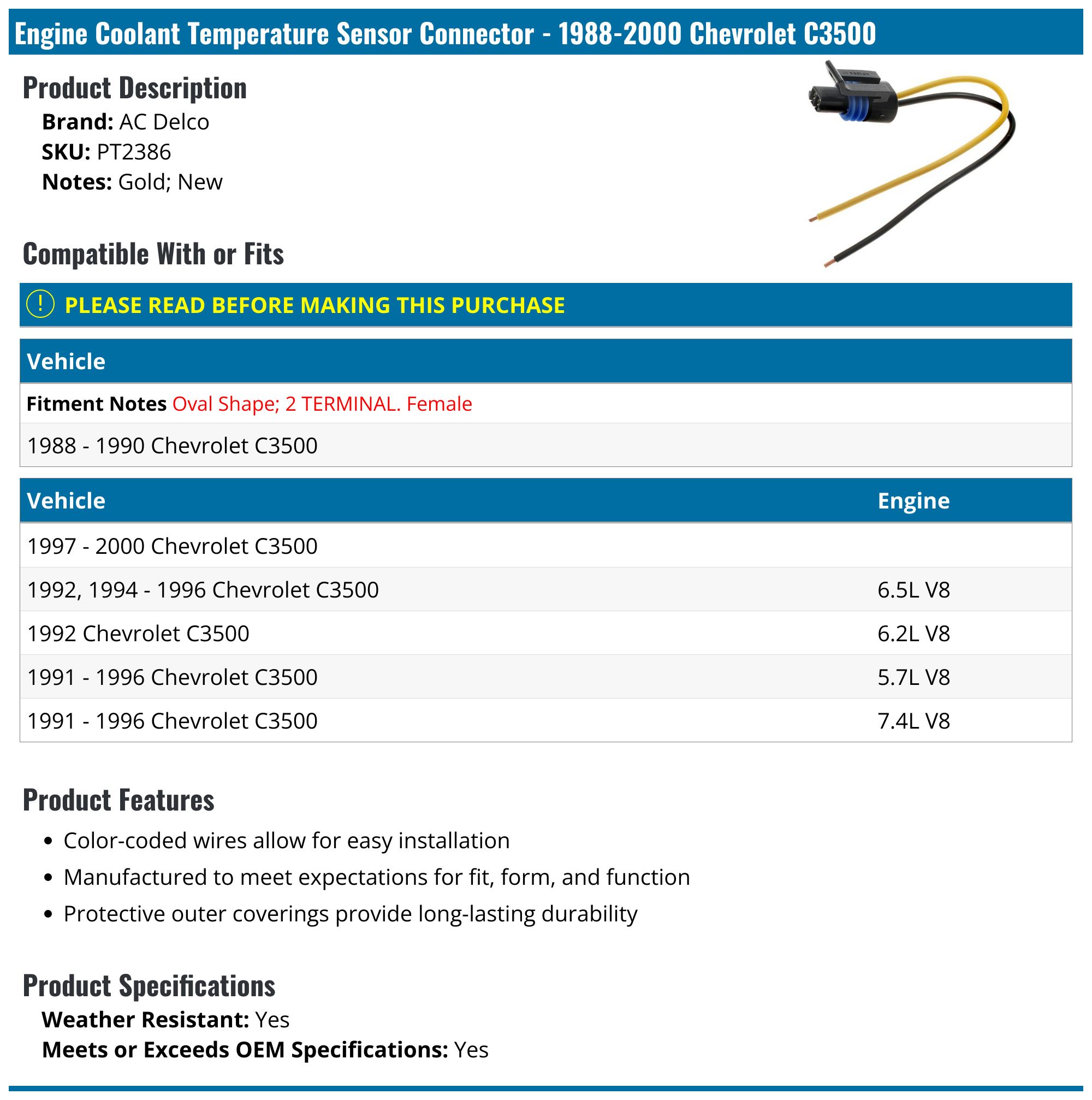 1988-2000 Chevrolet C3500 Engine Coolant Temperature Sensor Connector ...