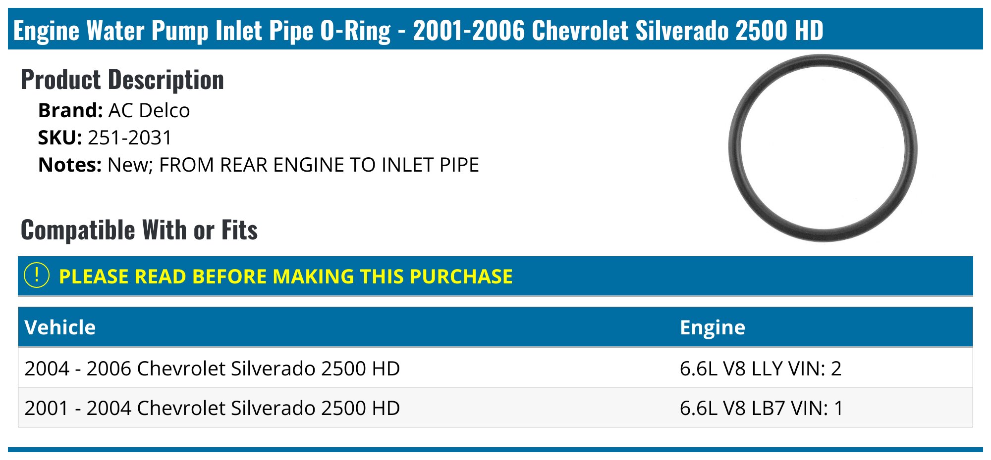 2001-2006 Chevrolet Silverado 2500 HD Engine Water Pump Inlet Pipe O ...