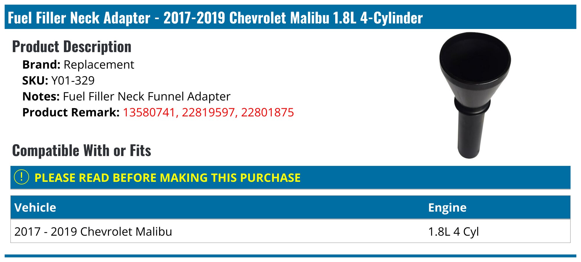 2017-2019 Chevrolet Malibu Fuel Filler Neck Adapter - Replacement Y01 ...