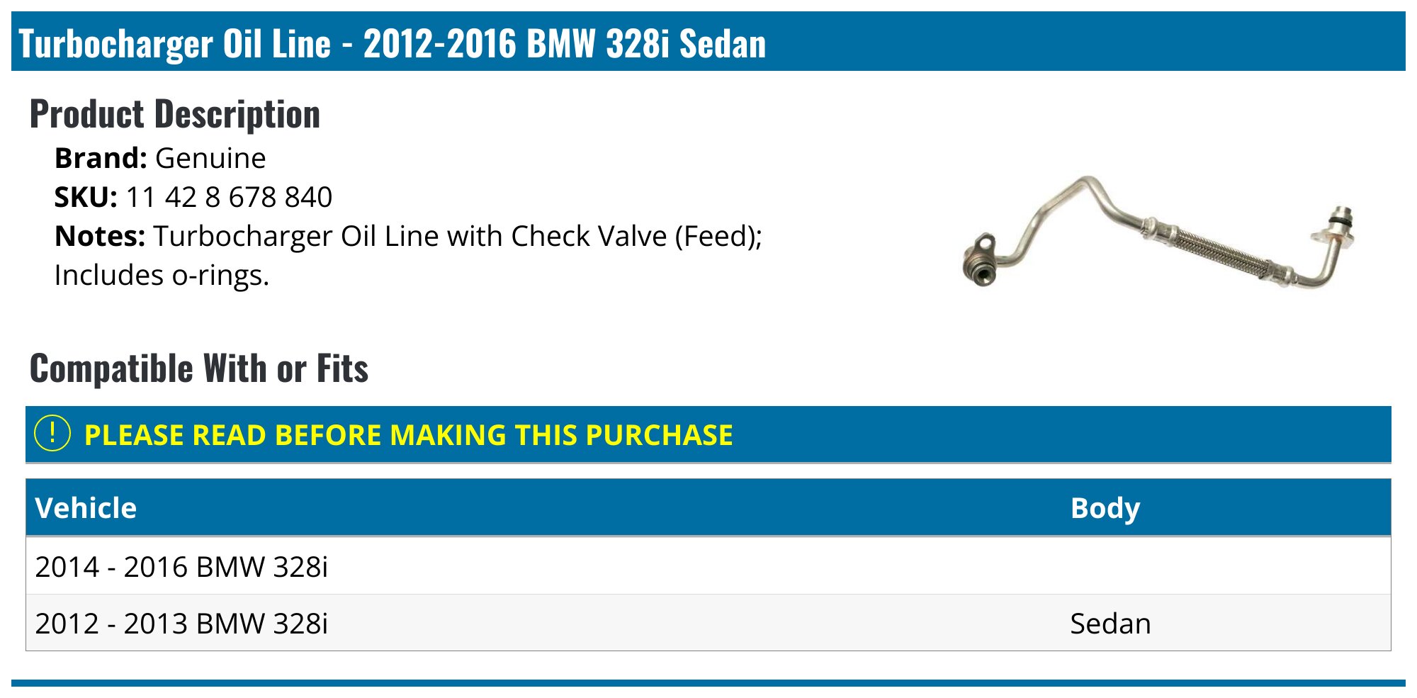 2012-2016 BMW 328i Turbocharger Oil Return Line - Genuine 11 42 8 678 ...
