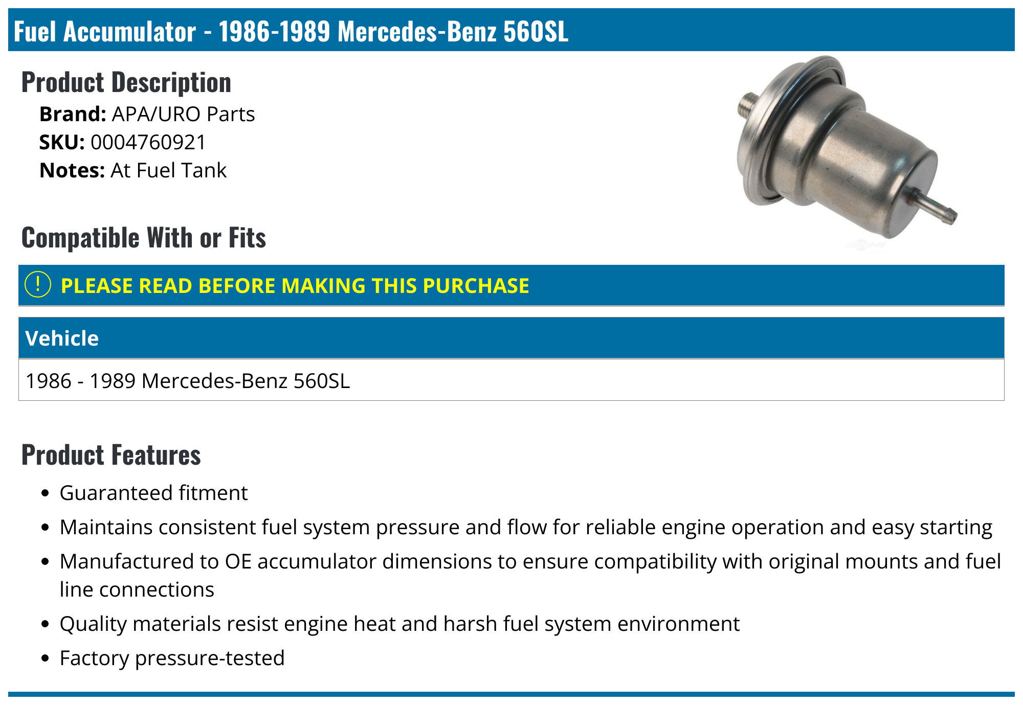 1986-1989 Mercedes 560SL Fuel Accumulator - APA/URO Parts 0004760921 ...