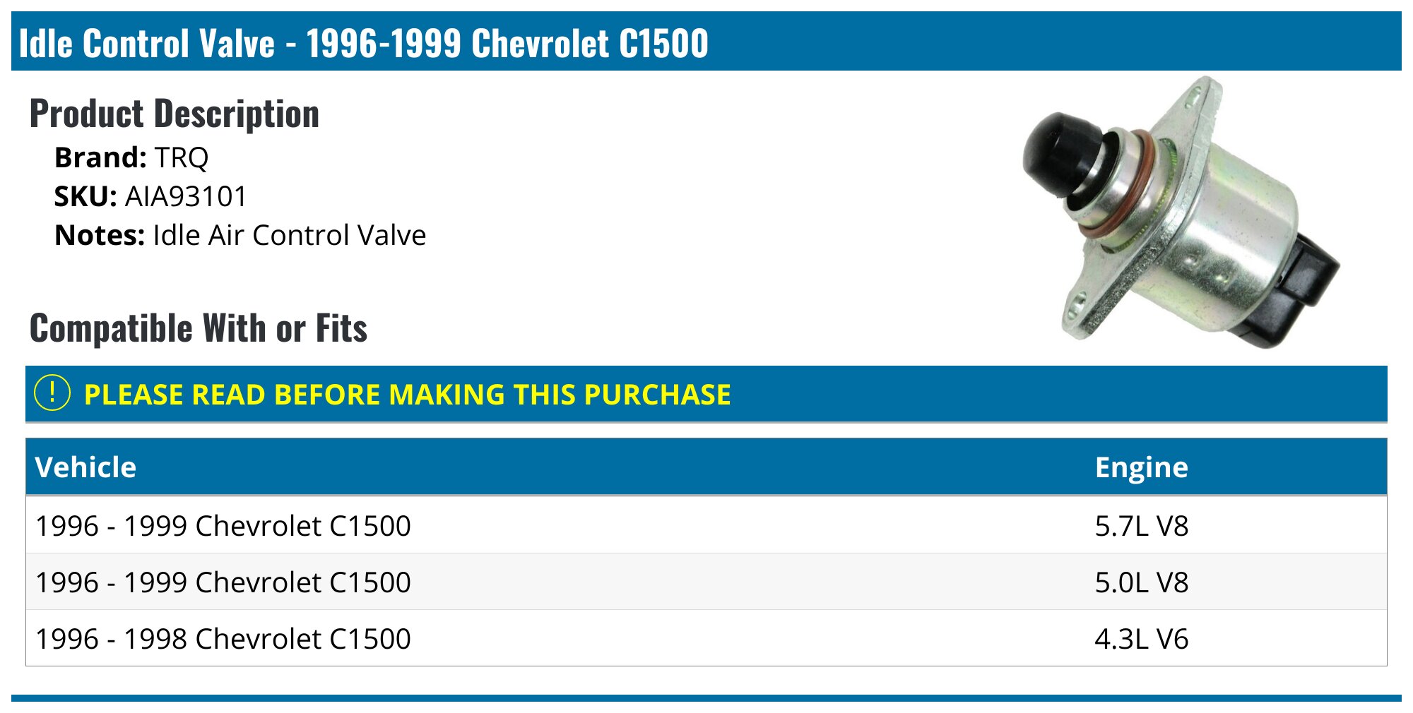 1996-1999 Chevrolet C1500 Idle Control Valve - TRQ AIA93101 - PartsGeek.com