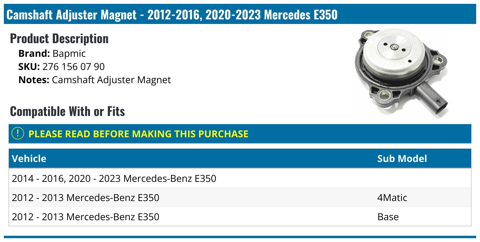 2012-2016, 2020-2023 Mercedes E350 Camshaft Adjuster Magnet - Bapmic ...