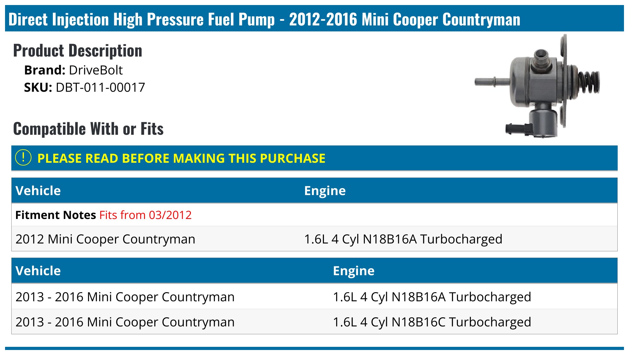 2012-2016 Mini Cooper Countryman Fuel Pump - DriveBolt DBT-011-00017 ...