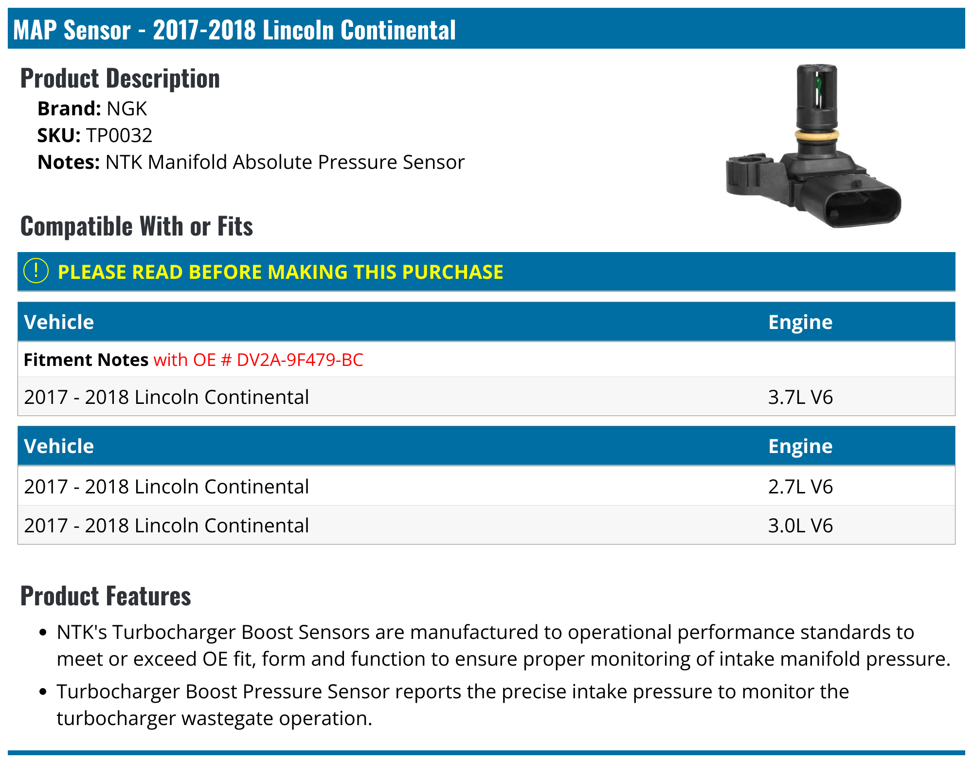 2017-2018 Lincoln Continental MAP Sensor - NGK TP0032 - PartsGeek.com